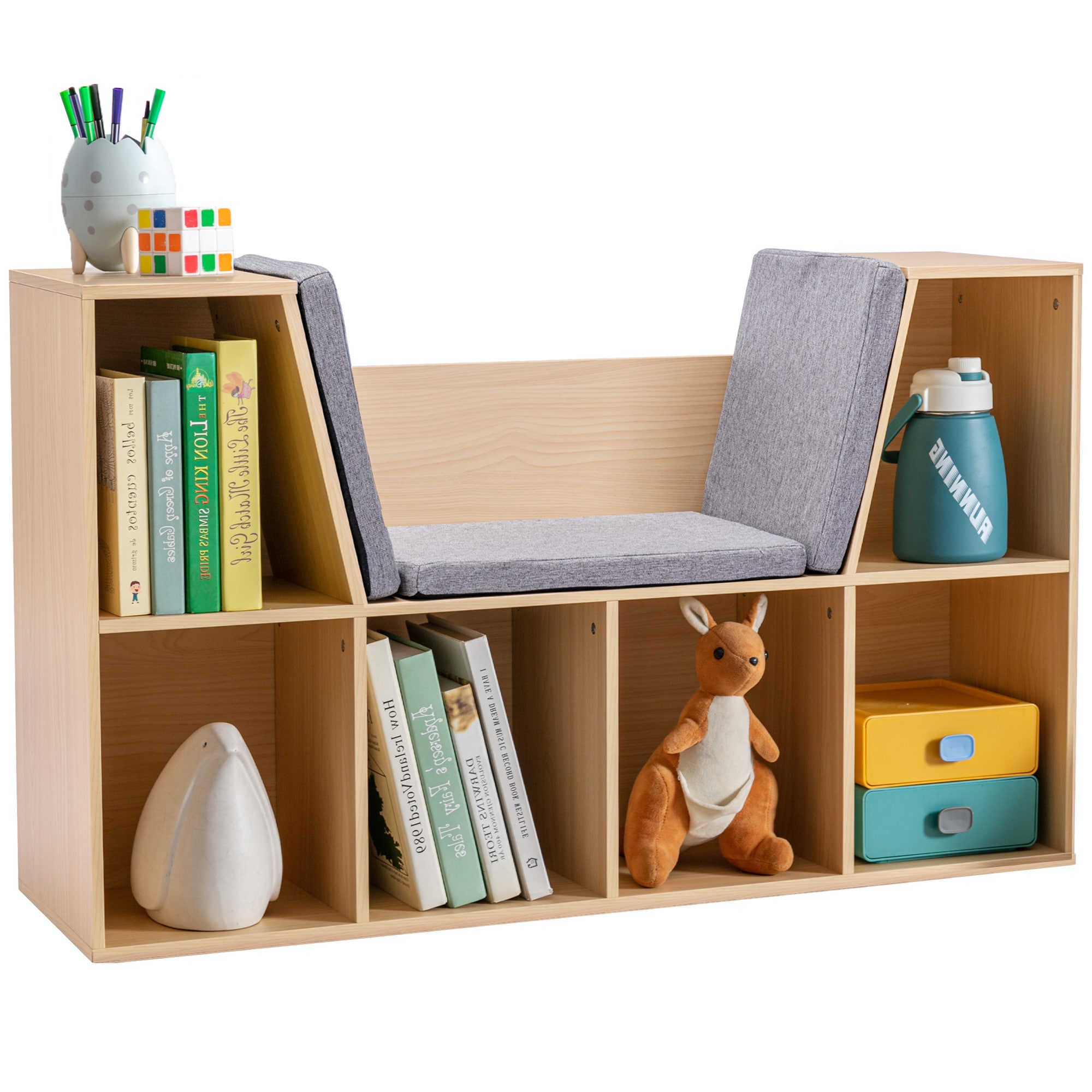 HomCom 6 Cubby Kids Bookcase Reading Nook Organizer with Seat Cushion ...