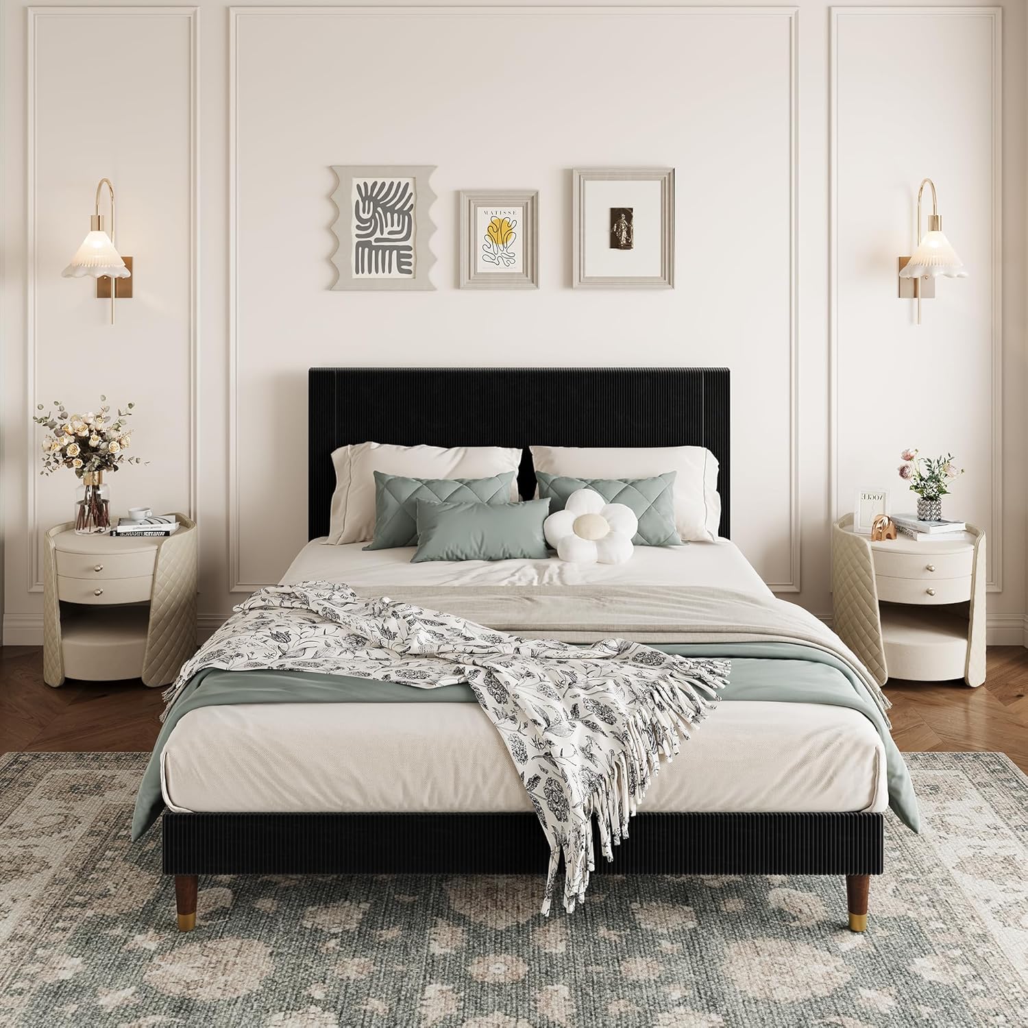 Garvee Full Platform Bed Frame with Headboard Corduroy Upholstered Bed ...