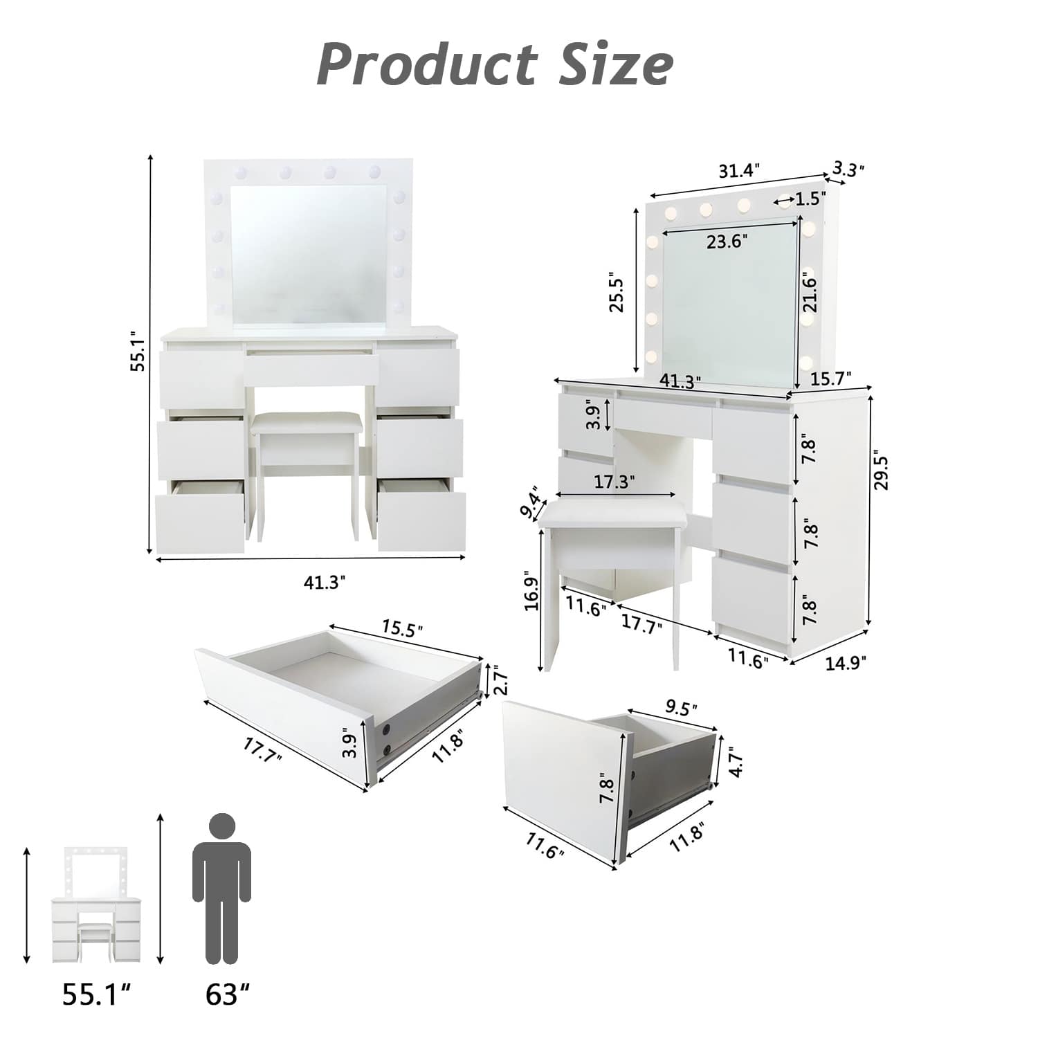 VERYKE Large White LED Makeup Vanity with Mirror Multiple Drawers Open ...