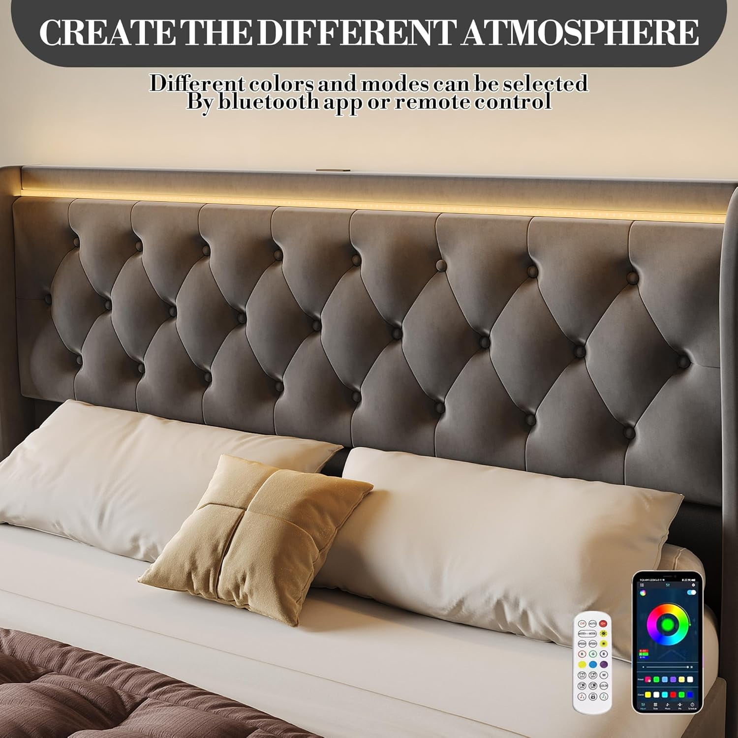 GAOMON Queen Size Upholstered Bed Frame with Tall Tufted Wingback ...