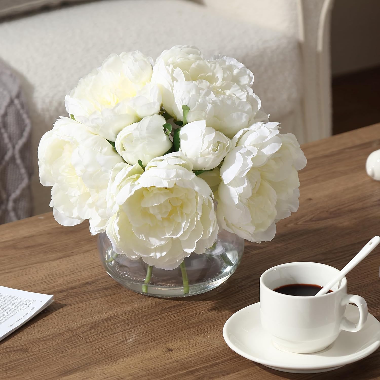 Garvee White Peonies Artificial Flowers in Vase Silk Faux Peony Fake ...