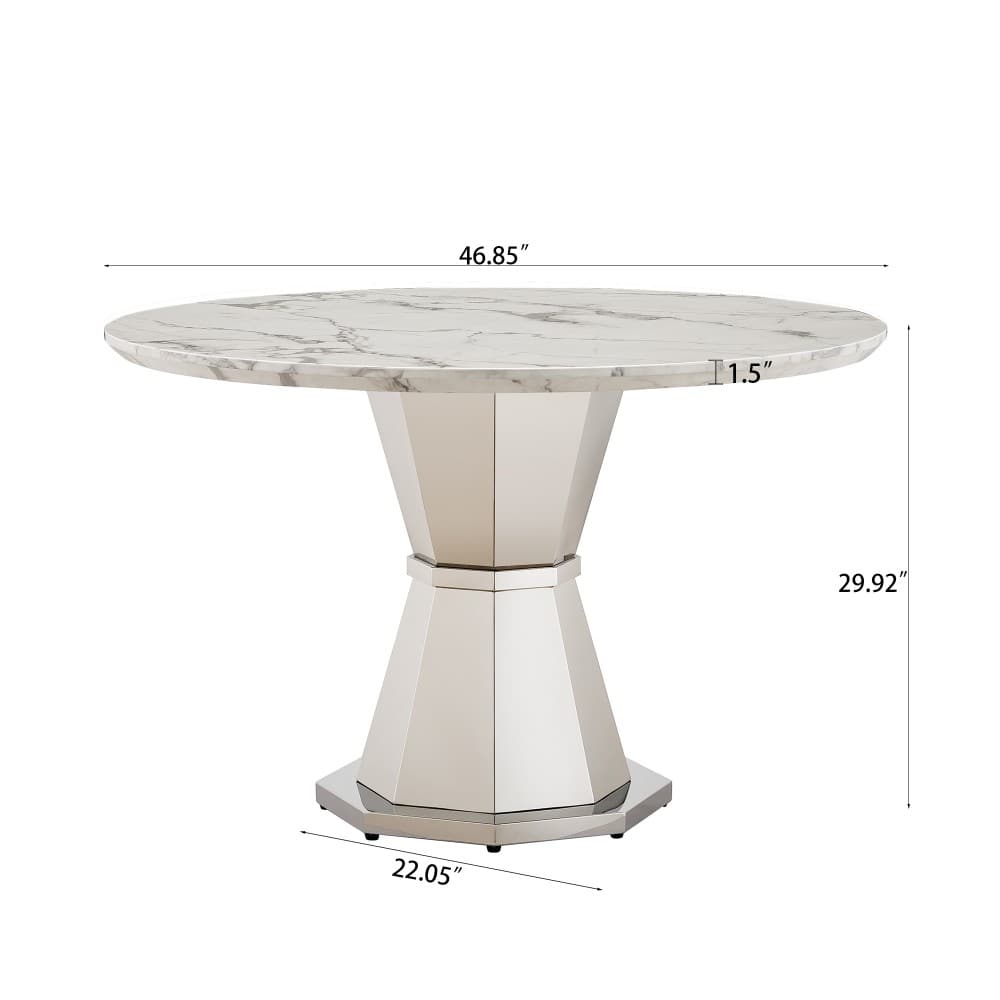 Coolbibila 47 Inch Round White Faux Marble Dining Table with Silver ...