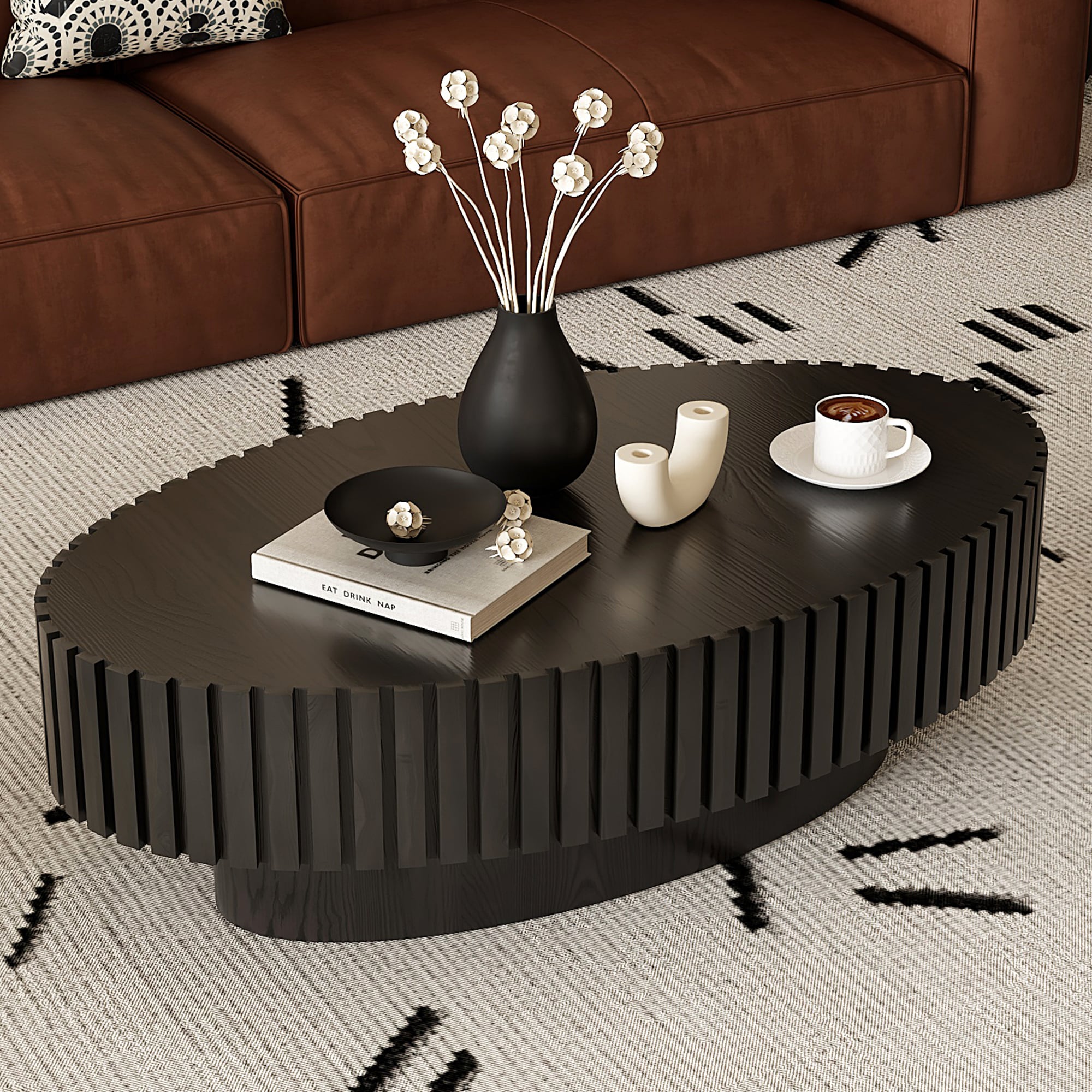 GDFStudio Indoor Modern Wood Oval Coffee Table with Handcrafted Relief ...