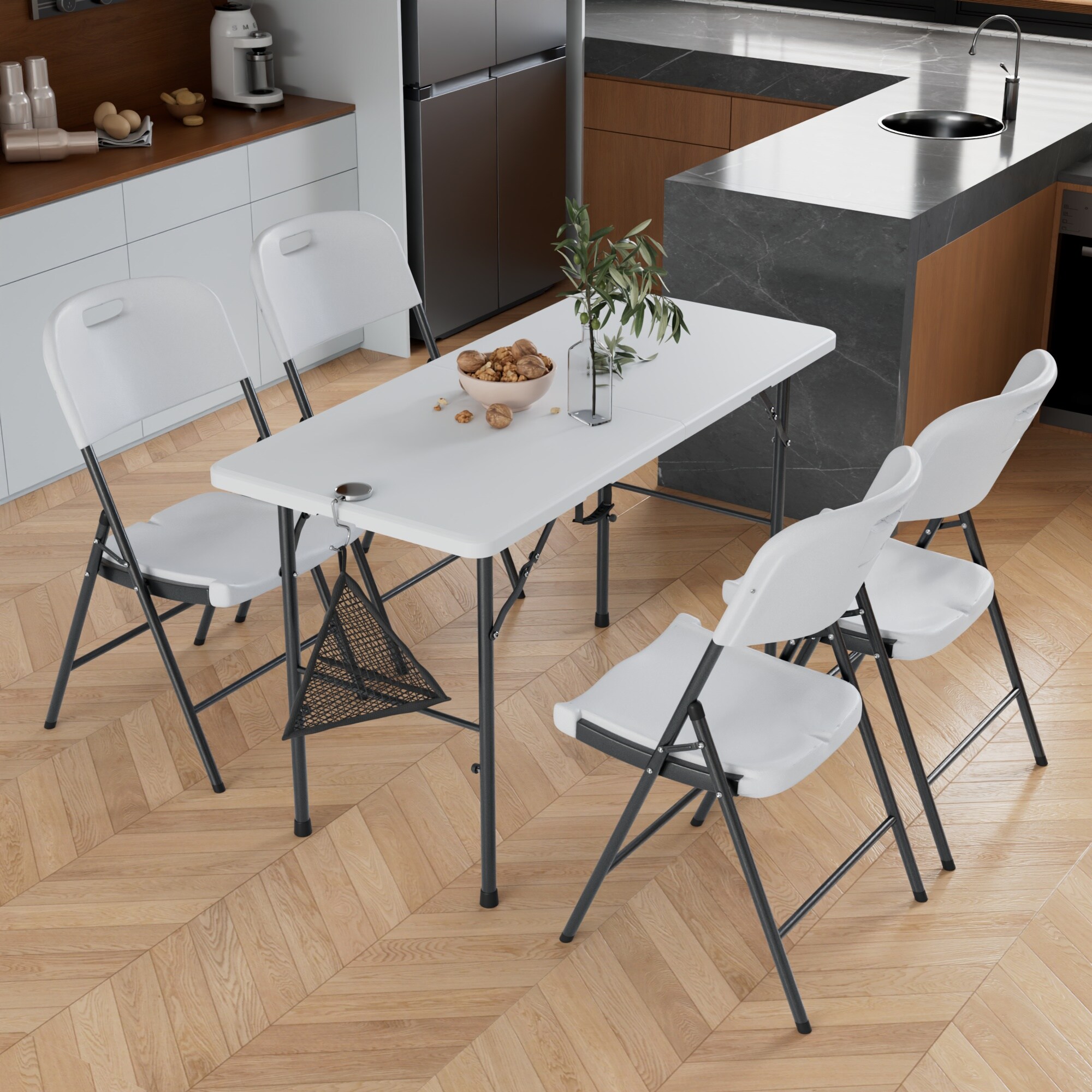 Vecelo 4ft Foldable Table with Built in Handle Hook Mesh Bag Heavy Duty ...