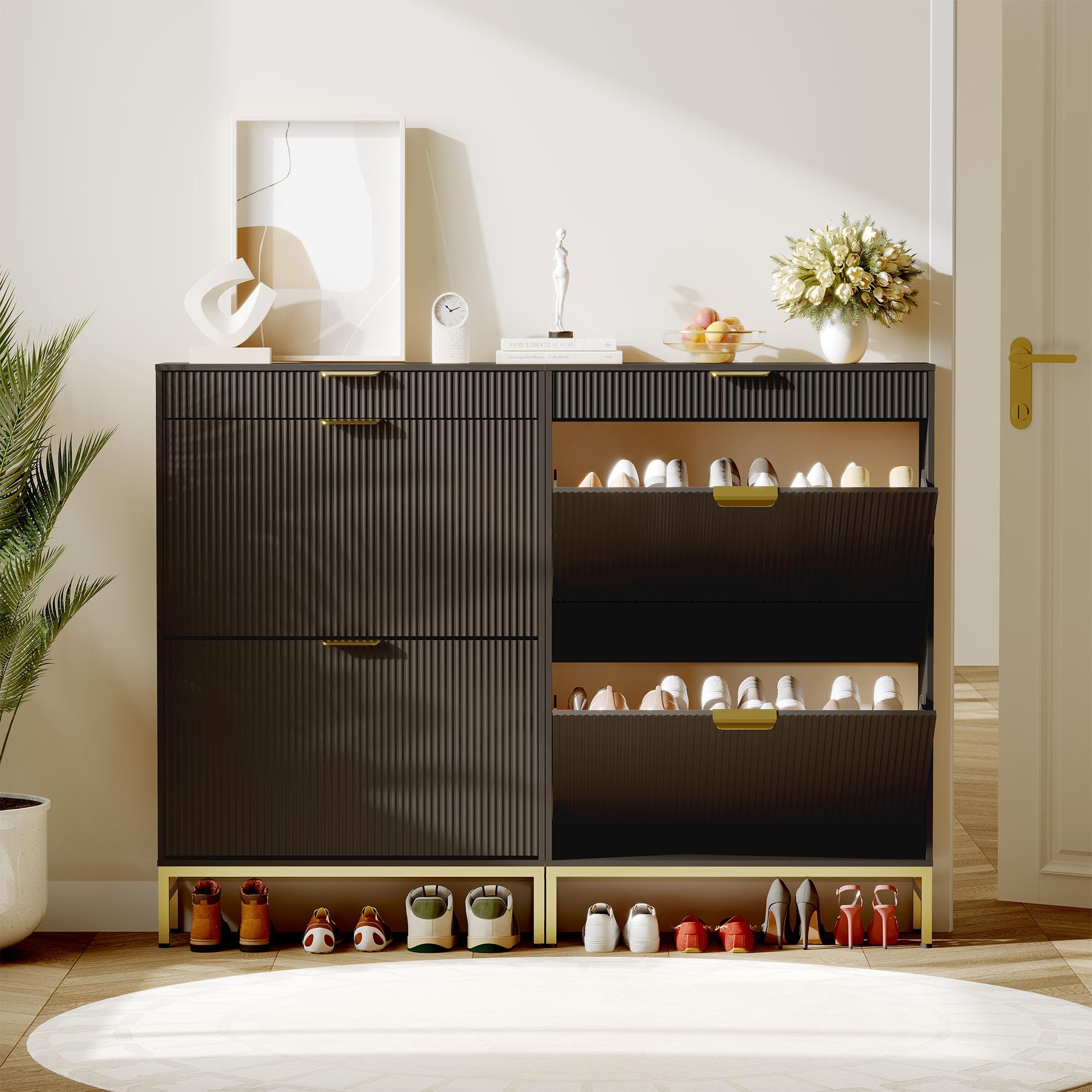 GarveeLife Fluted Shoe Storage Cabinet with 2 Flip Drawers Pull-Out ...