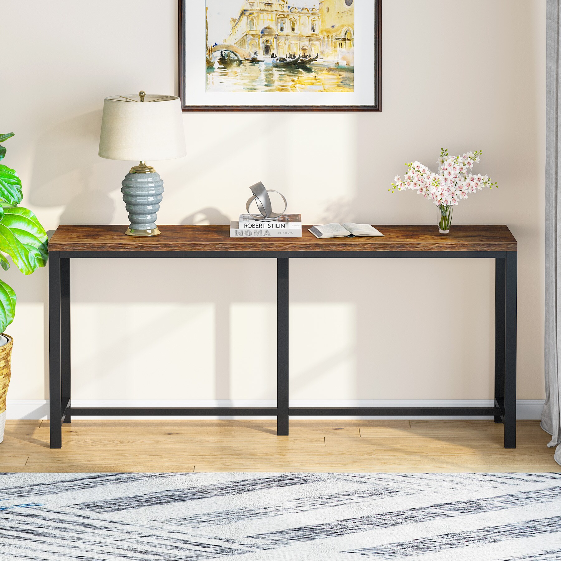 Fnova Industrial Rectangular Wood Finished 71-in W x 32-in H Console table in the Console Tables ...