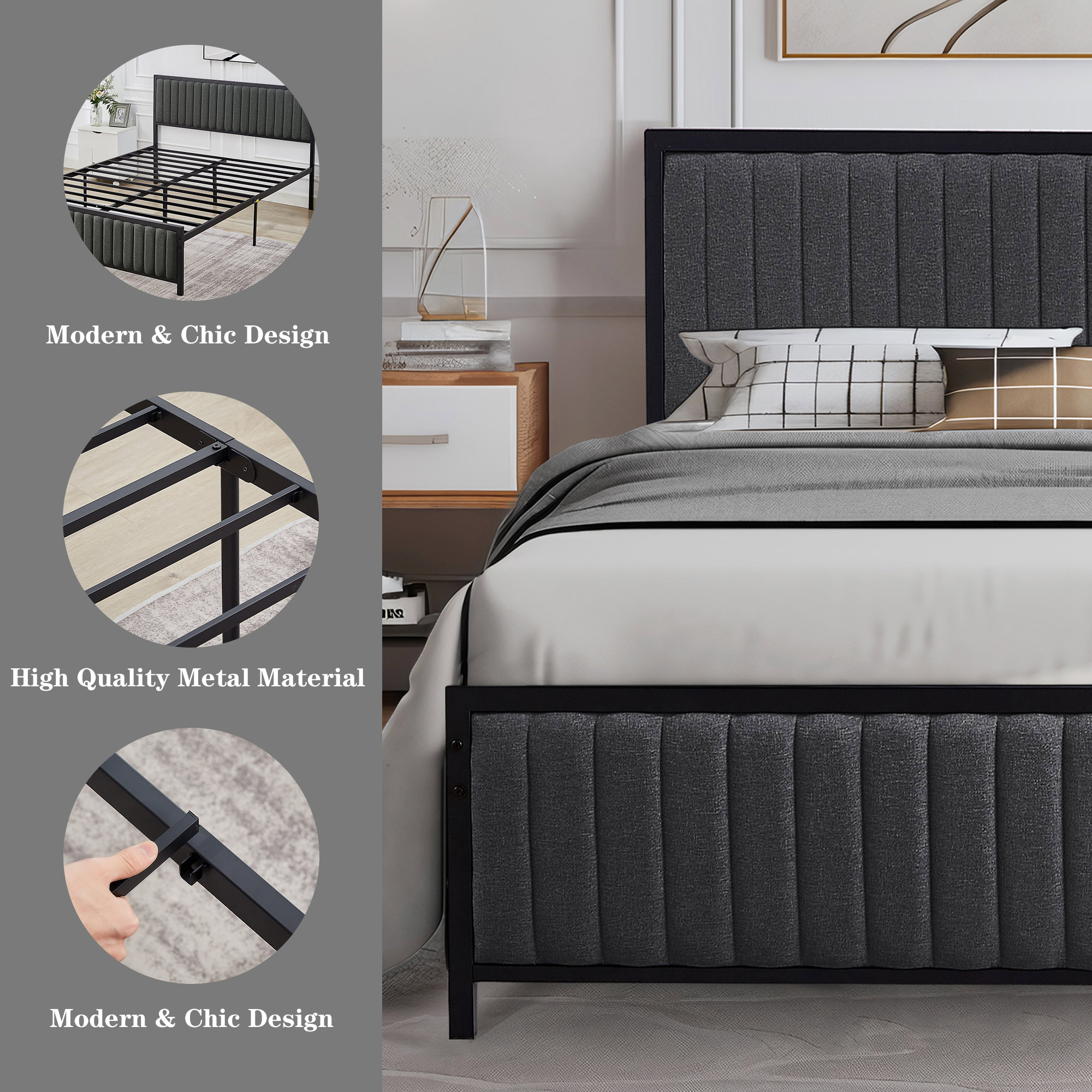 Vecelo Full Size Bed Frame with Upholstered Headboard Heavy Duty Steel ...