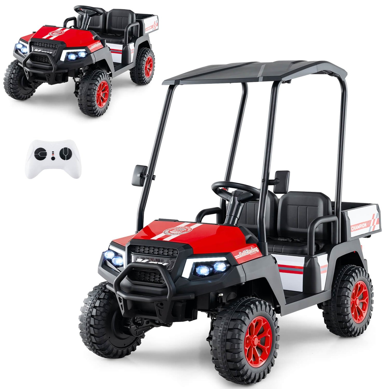Costway 24V 7AH Kids Golf Cart 4WD 2 Seater Ride on Car with Sun Shade ...