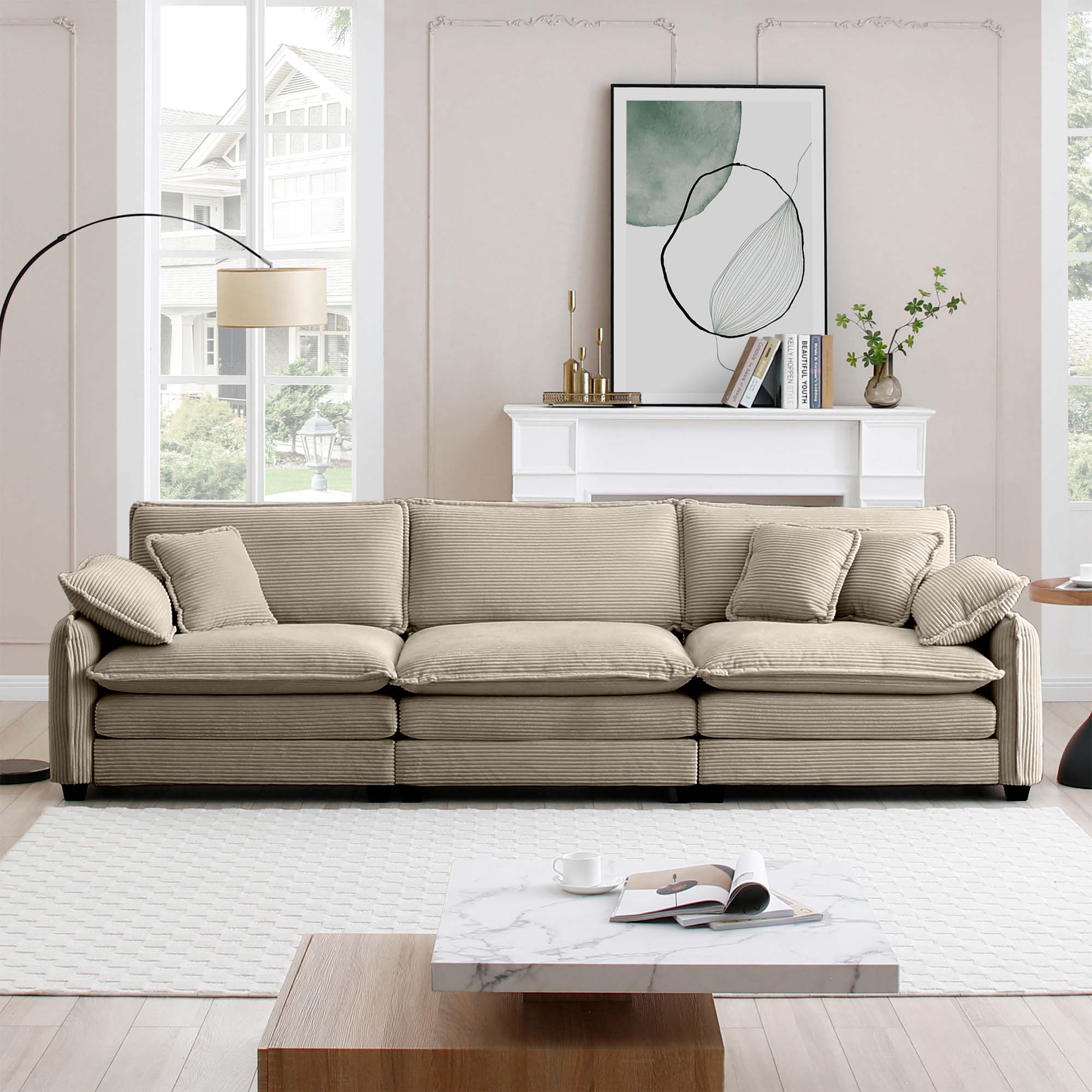 LOVMOR Corduroy Sectional Sofa 3 Seater Couches Throw Pillows for ...