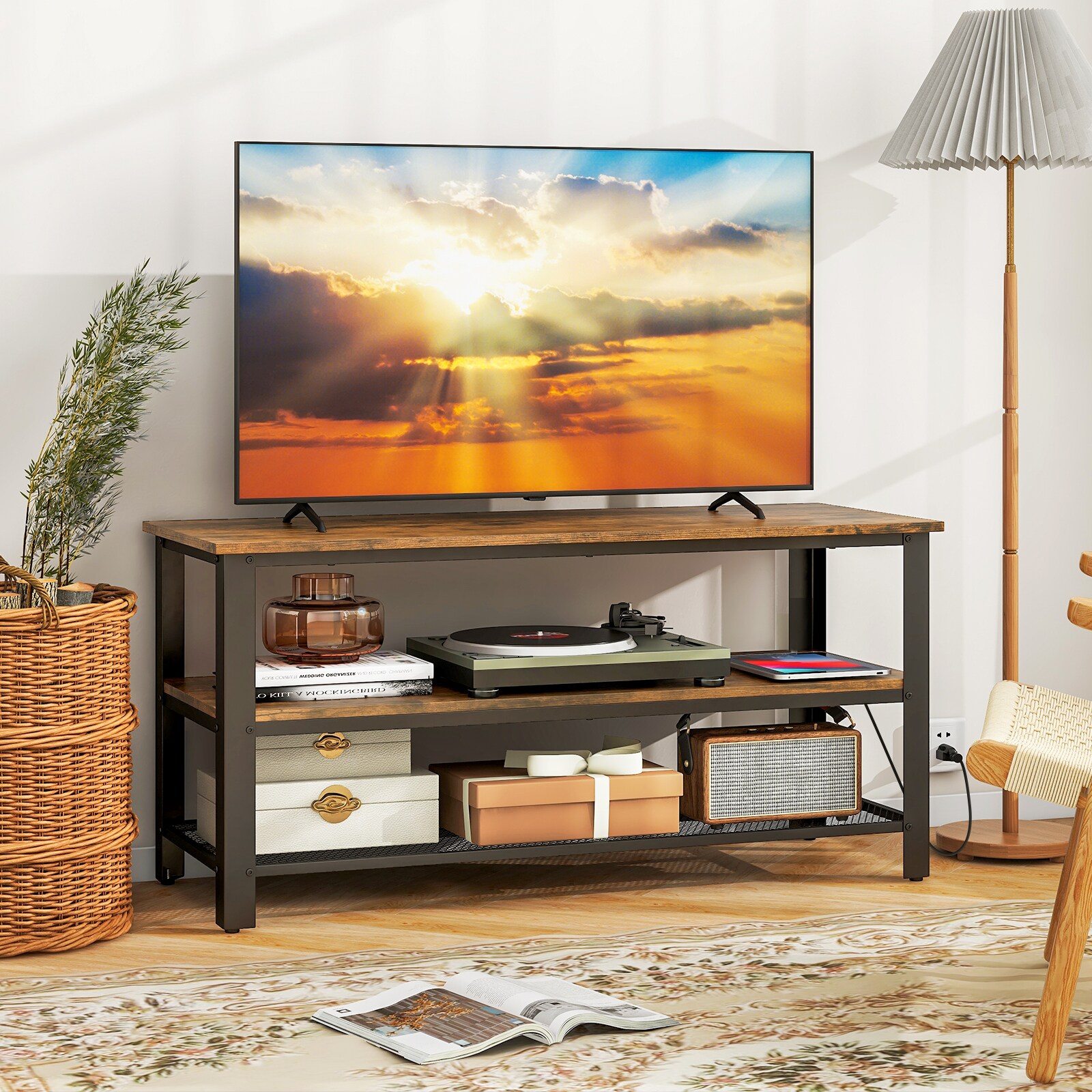Slickblue Industrial Rustic Brown 43.5-Inch TV Stand with Charging ...