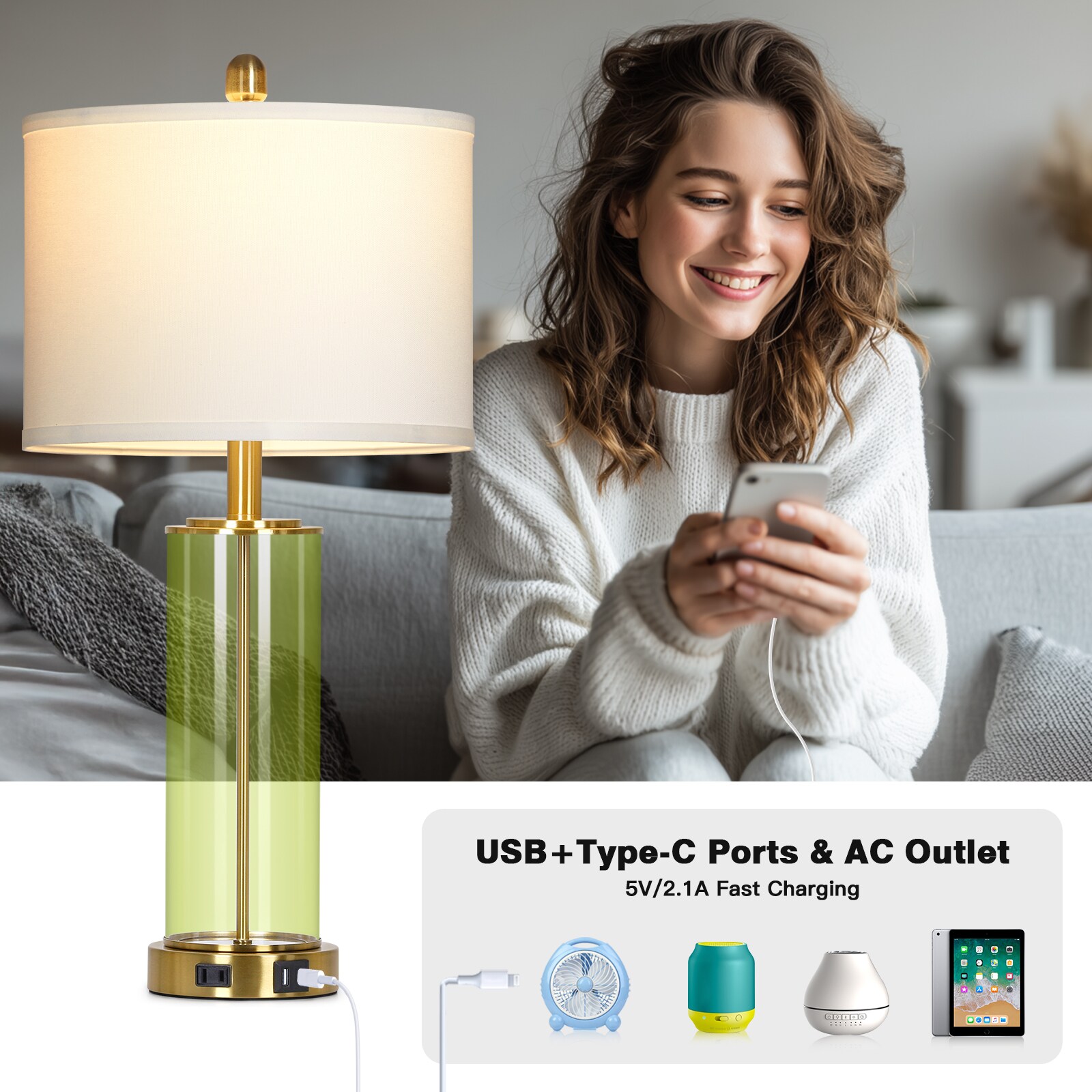 UrFurnishings Coastal 26-in Green LED Touch Table Lamp with Linen Shade ...