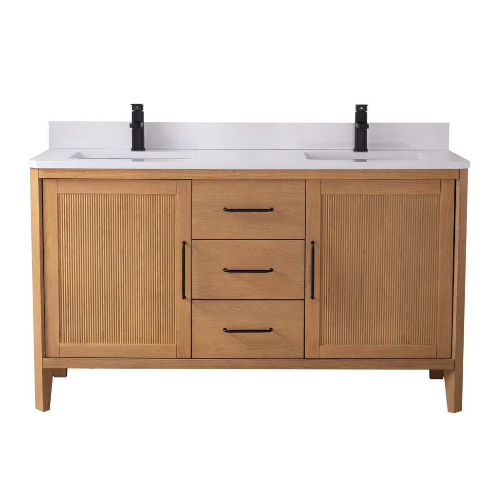 Chans Furniture 60 Inch Barque Double Sink Warm Oak Brown Finish ...