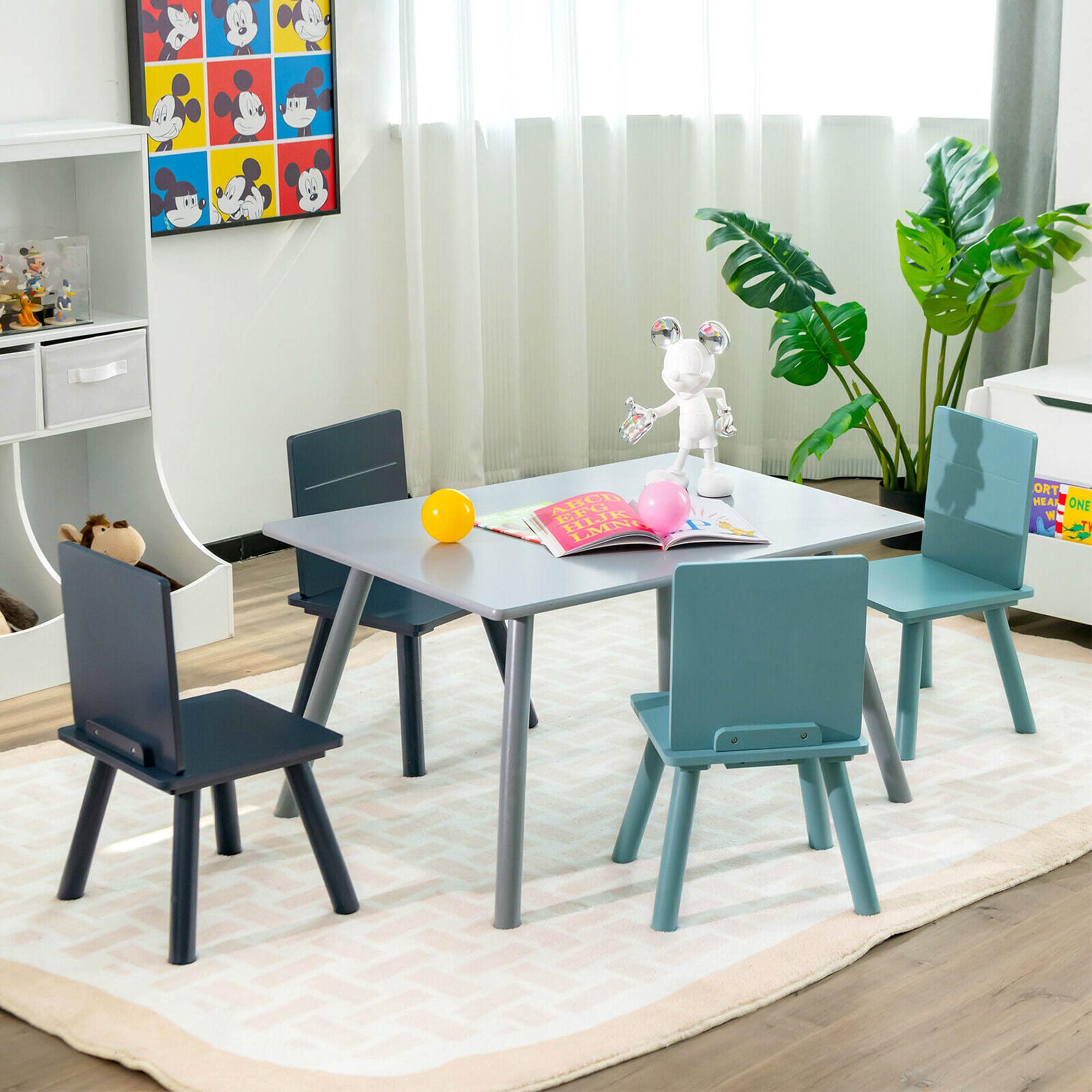 Costway 5 Piece Kids Wooden Activity Table and 4 Chairs Play Set Gift w ...