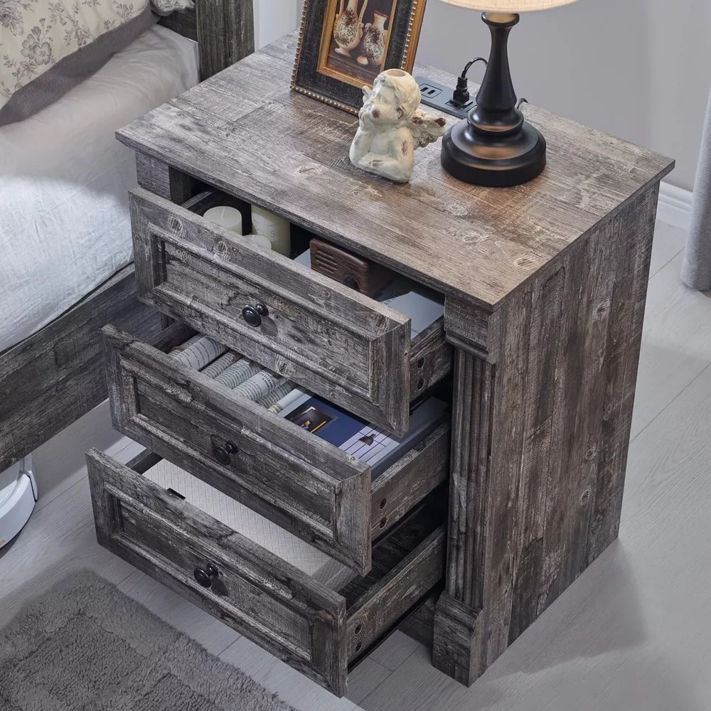 OKD Nightstand with Charging Station and 3 Drawers Farmhouse 23.6in ...