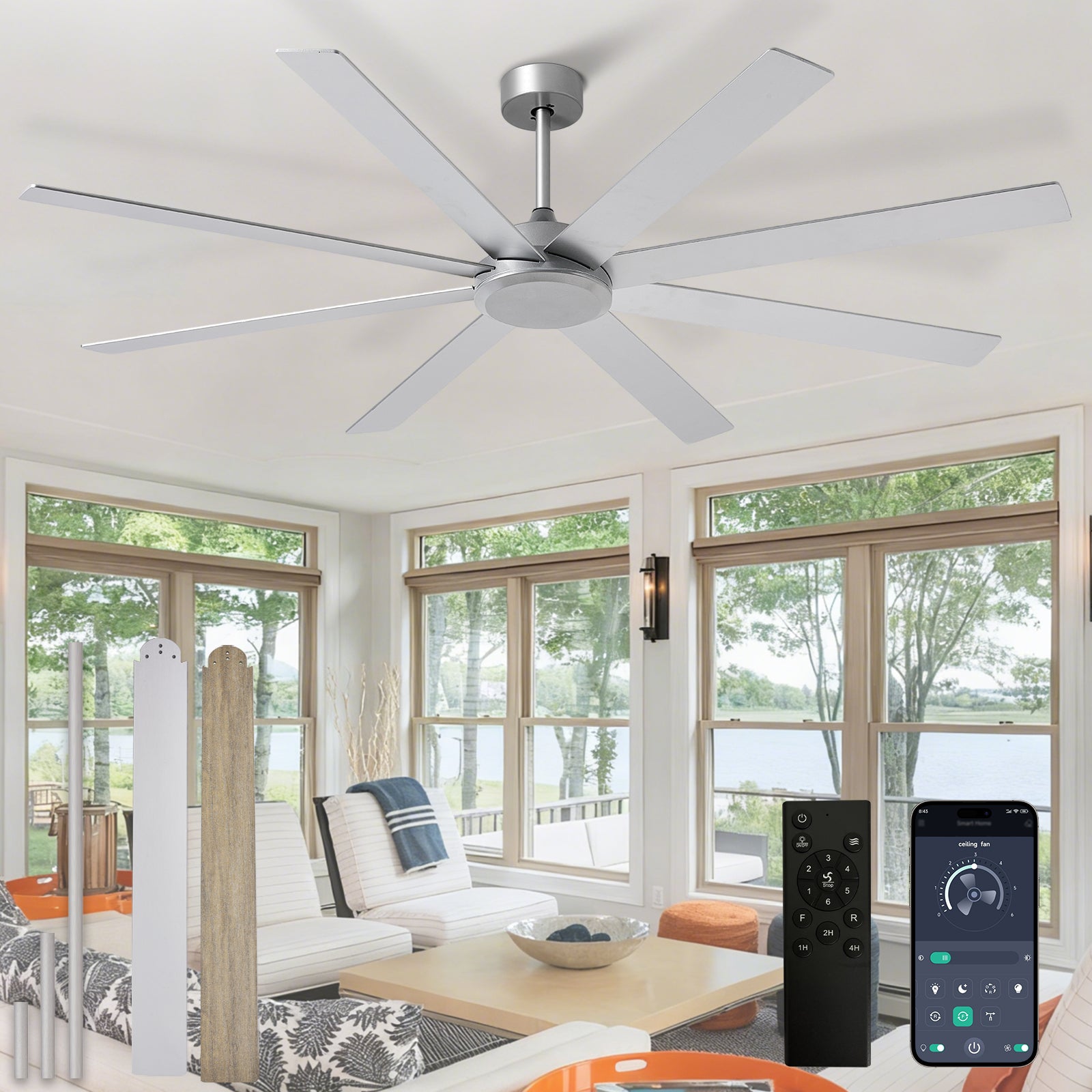 Dovanpaul 72 inch Large Ceiling Fans with Remote APP Control Silver ...