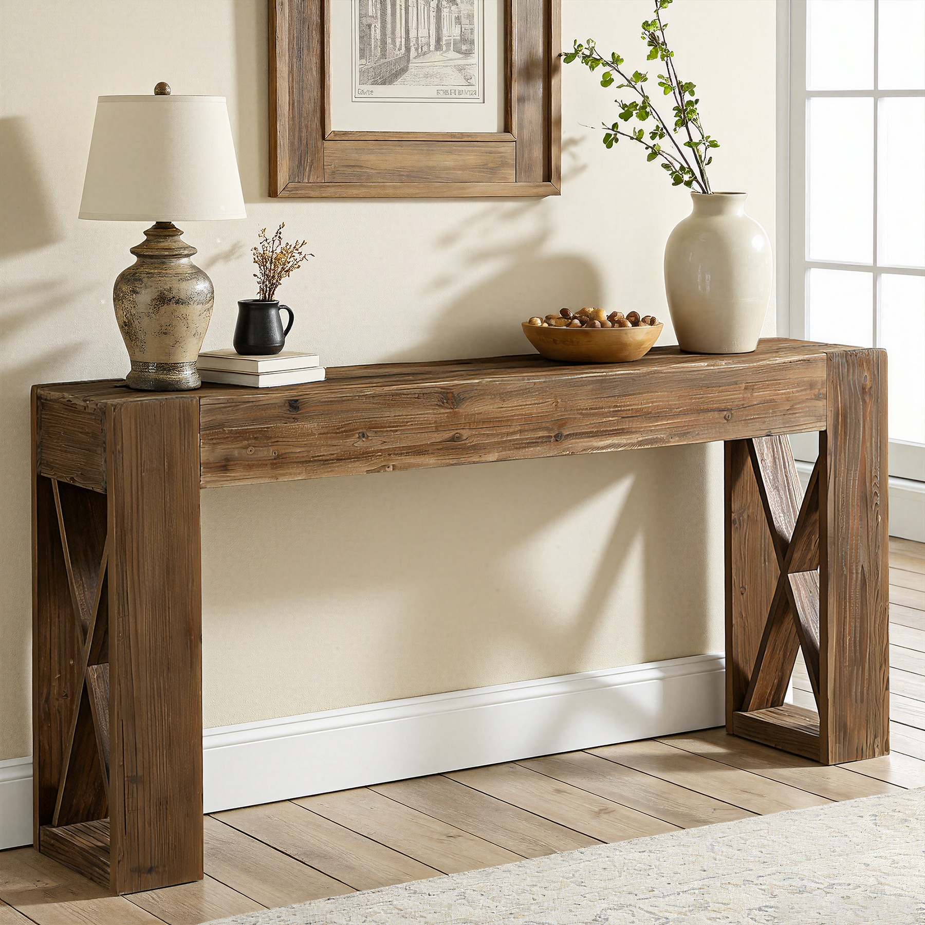 LITTLE TREE Brown Solid Wood Console Table 63-Inch Long Farmhouse Sofa ...
