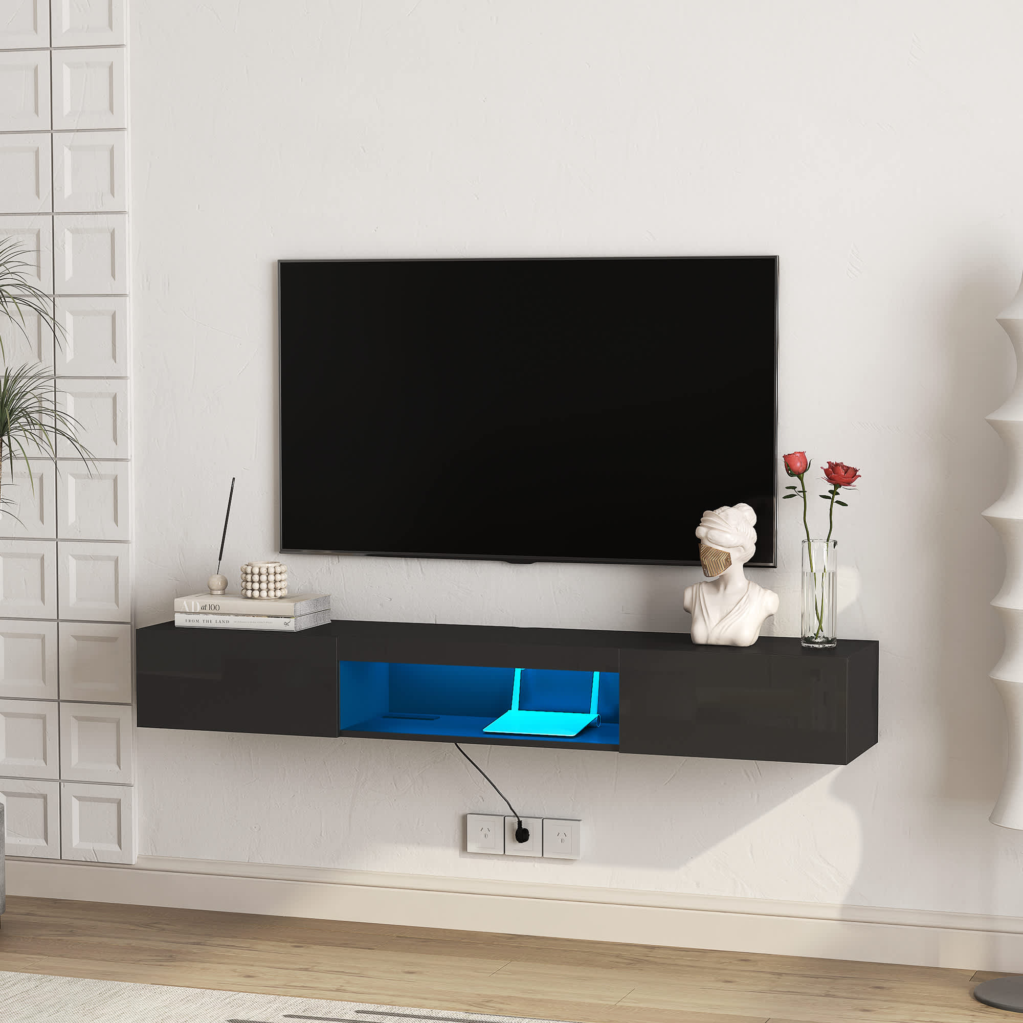 Aoibox Floating TV Stand Wall Mounted with 16 Color LED Lights 63 Inch ...