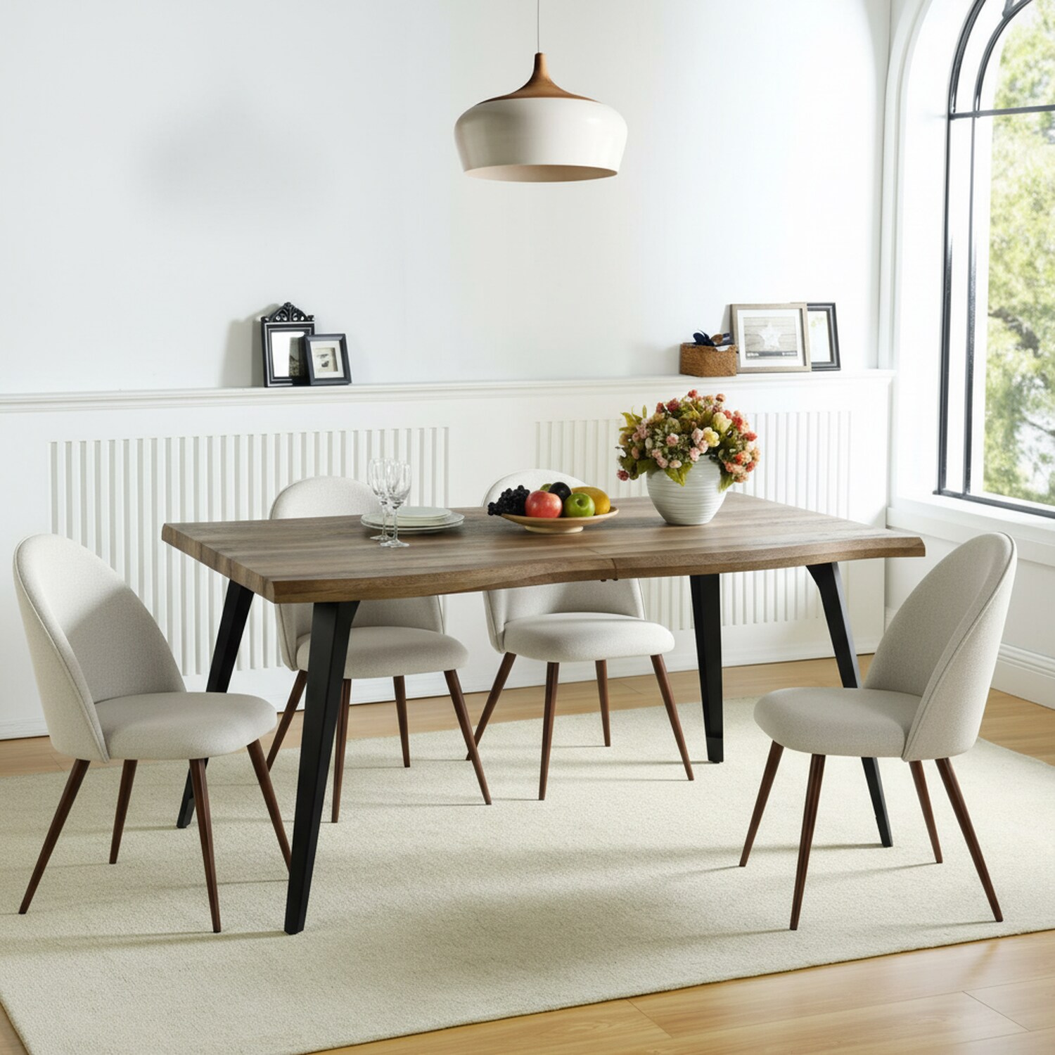 Homy Casa 5 Piece Dining Room Set with Walnut Wood Table and Beige ...