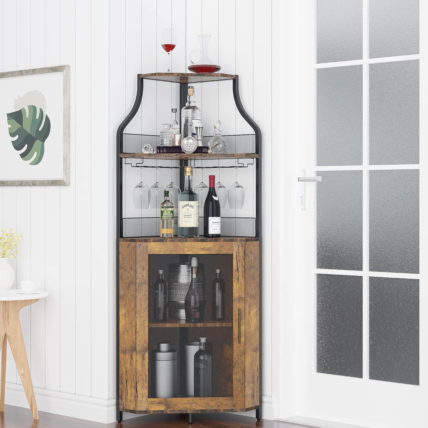 Qeetex Corner Wine Cabinet with Removable Wine Rack Wine Bar Cabinet ...