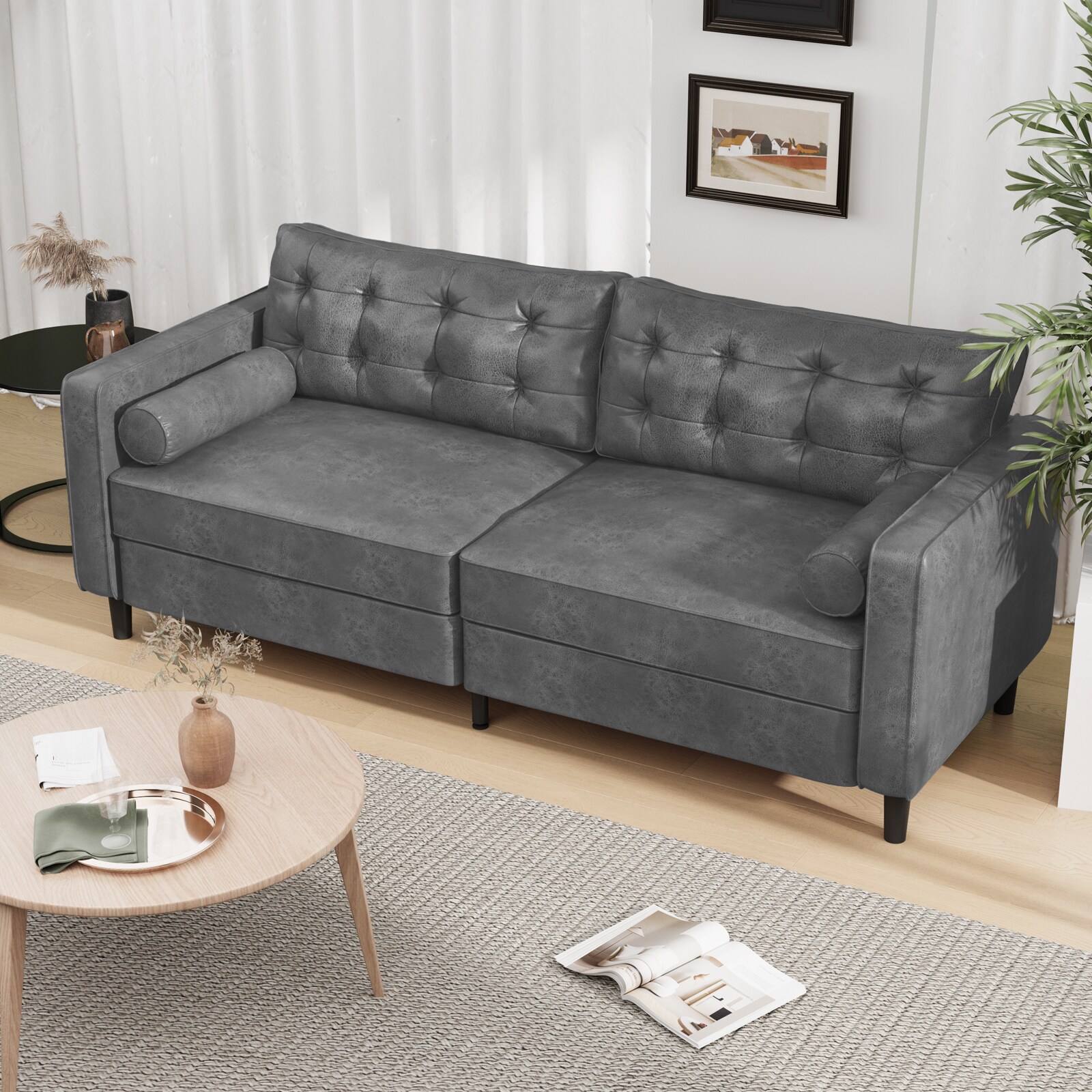 AECOJOY 84.2-Inch 3-Seater Vintage Couch with 2 Bolster Pillows in the ...
