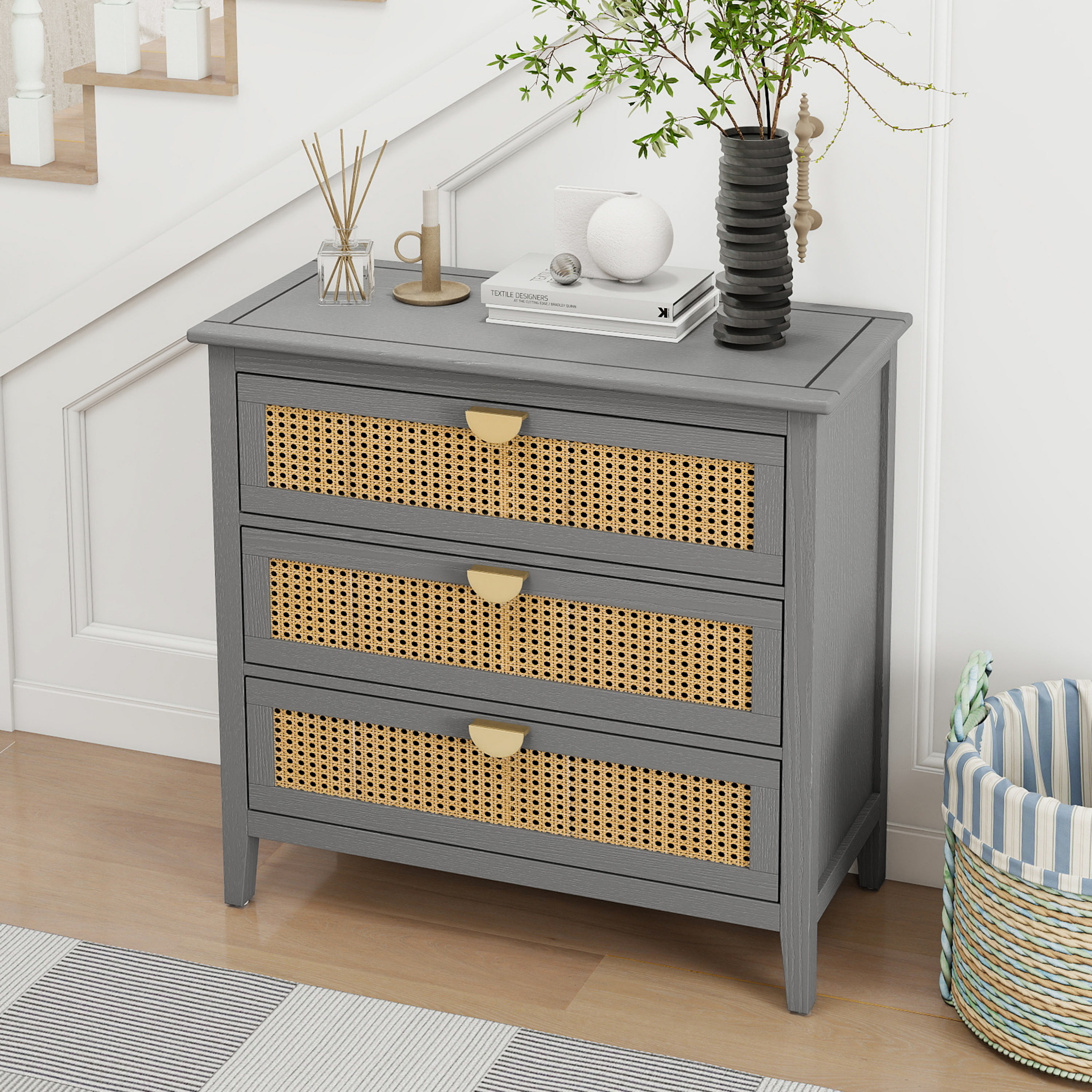 LOVMOR 3 Drawer CabinetNatural rattanAmerican FurnitureSuitable for ...