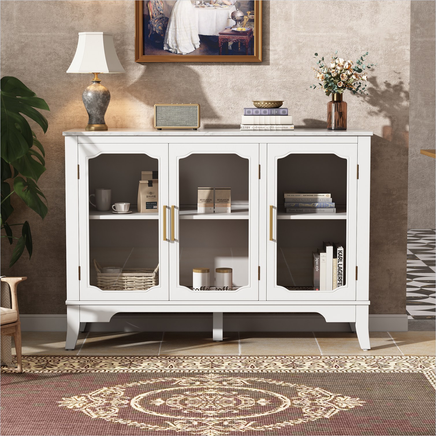 Naturefalls Entrance Storage Cabinet with 3 Glass Doors in Crisp White ...