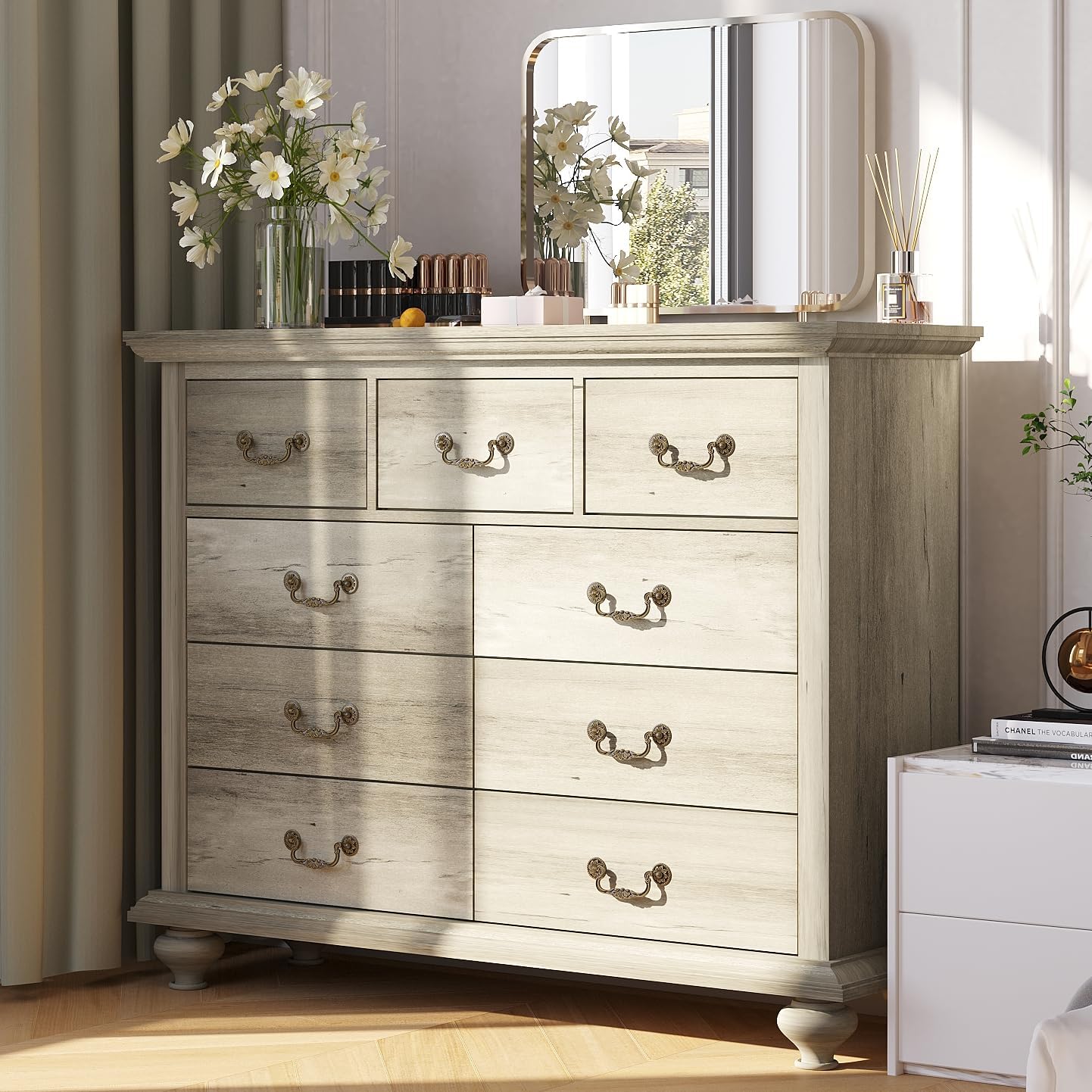 IdealHouse Grey Wooden Chest Of Drawers With 9 Drawers Large Drawers ...