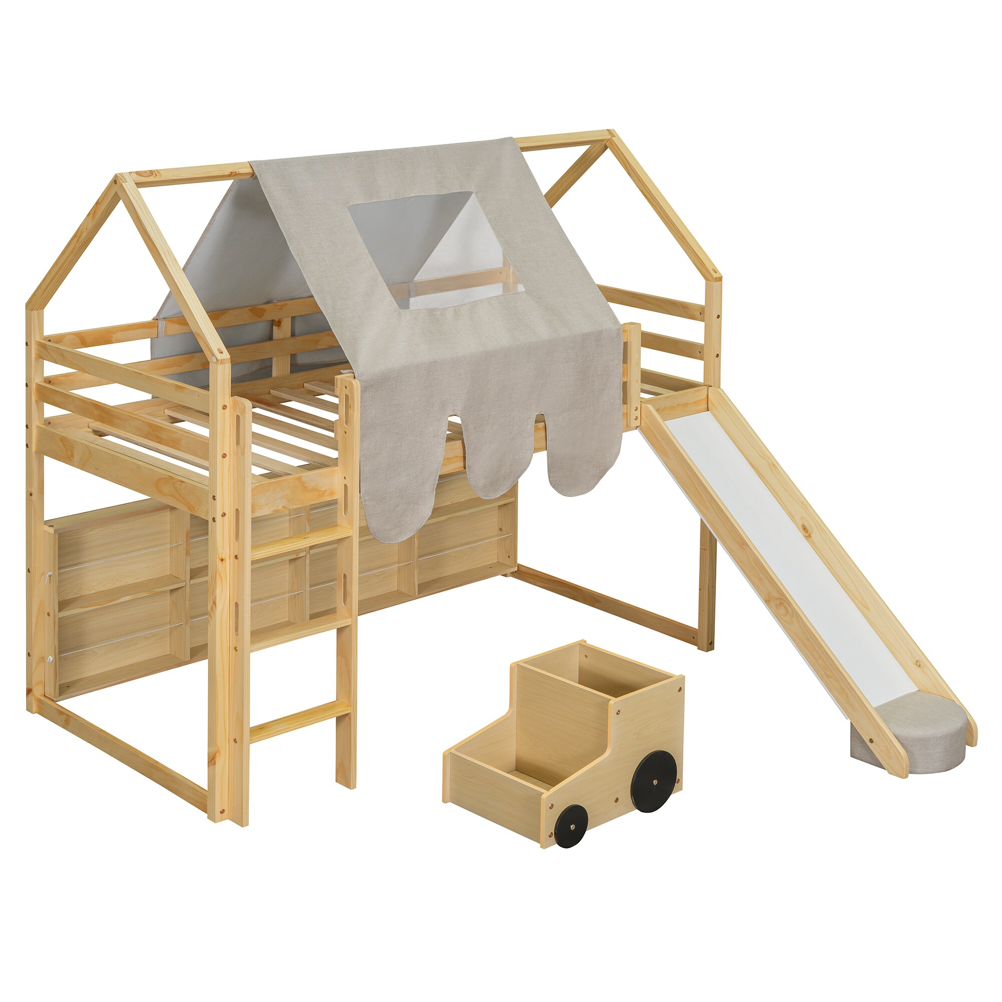 LUXEYARD Wooden Loft Bed Houseshaped Frame with a Tent NaturalBeige in ...