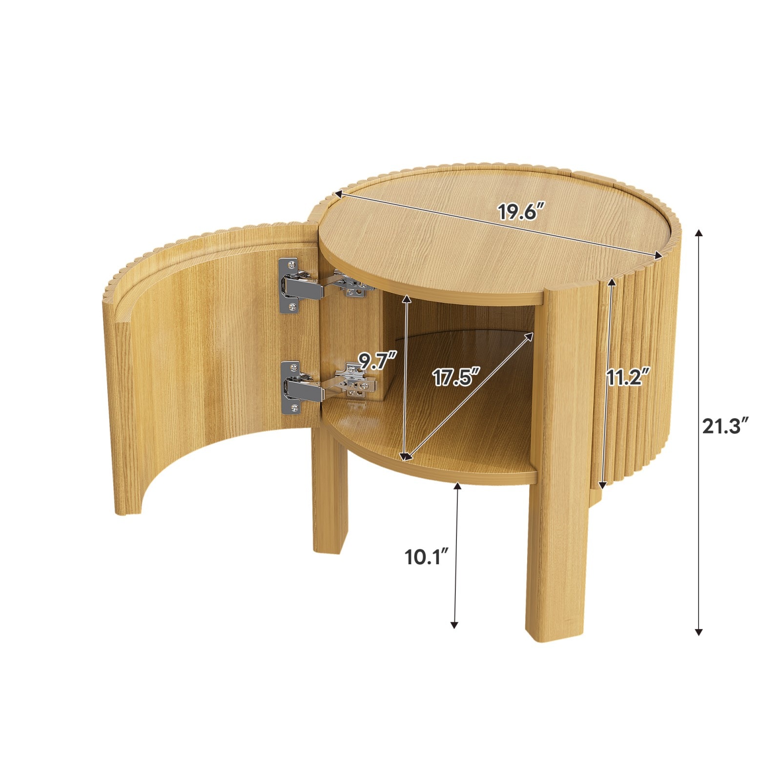 GlasFlength 19.6 Inch Natural Round Fluted Side Table with Storage Soft ...