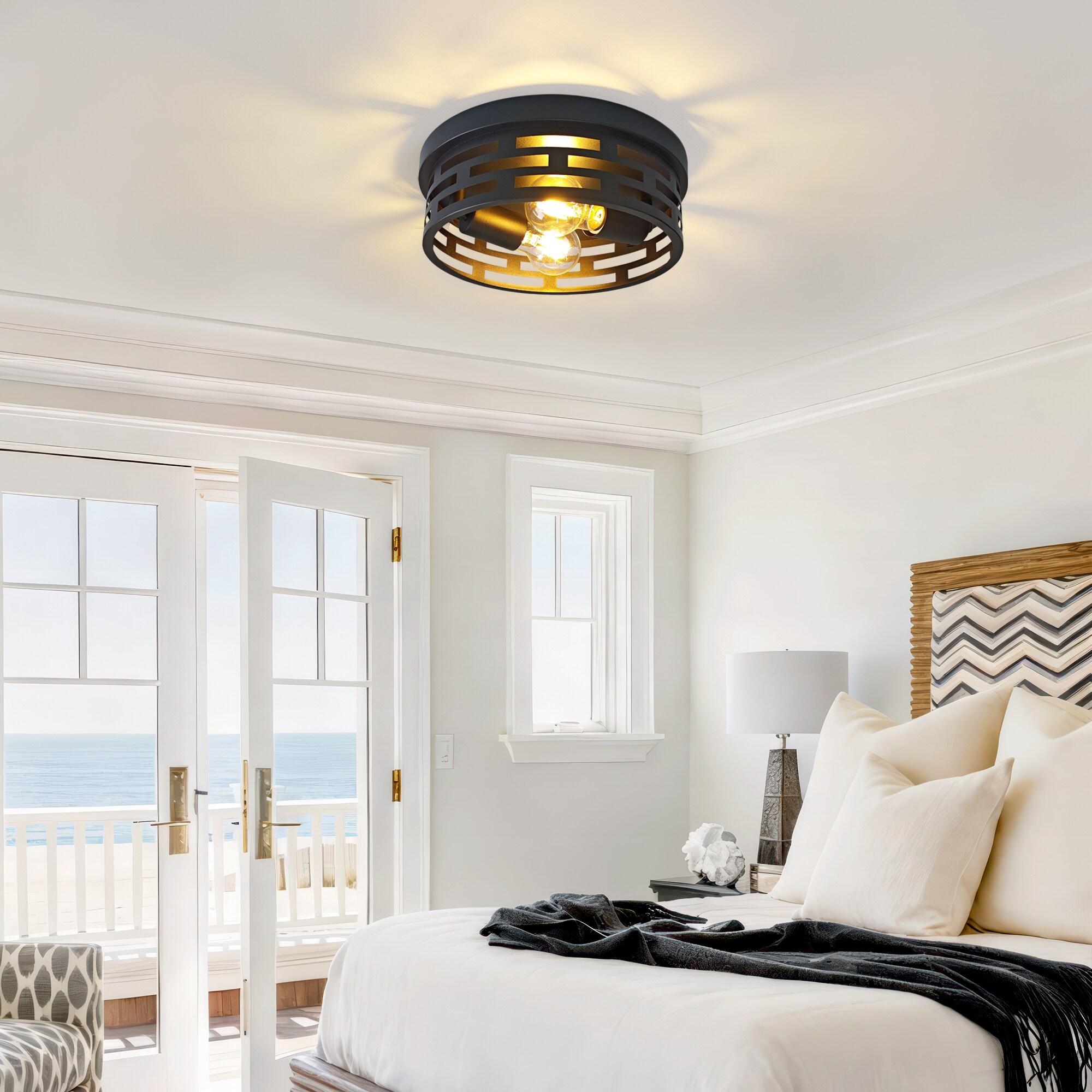 DAKAFUL 11 in. 2-lights Matte Black Industrial Farmhouse Flush Mount ...