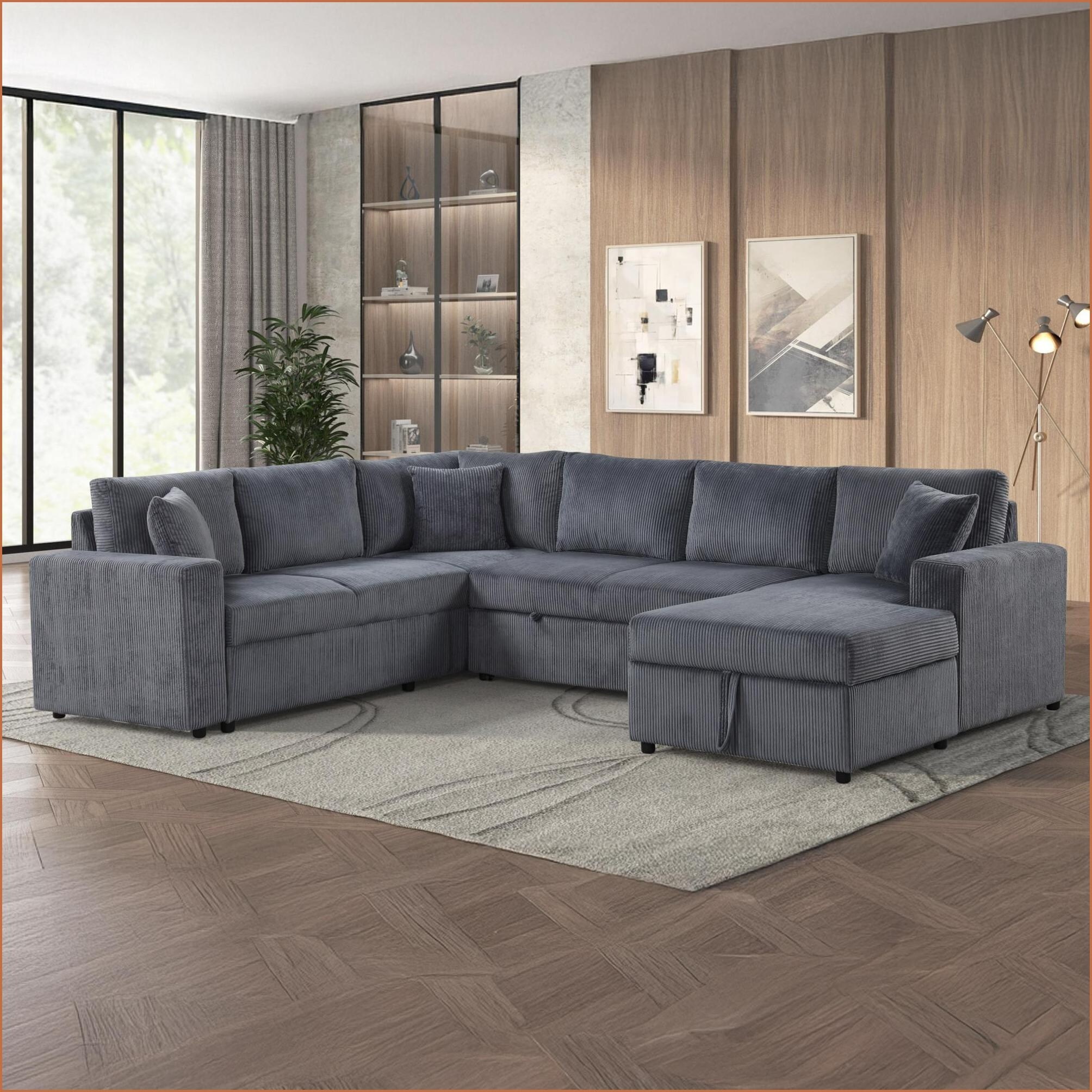 Watnature Sectional Sofa 123W Modern Gray Corduroy Sleeper with Right ...