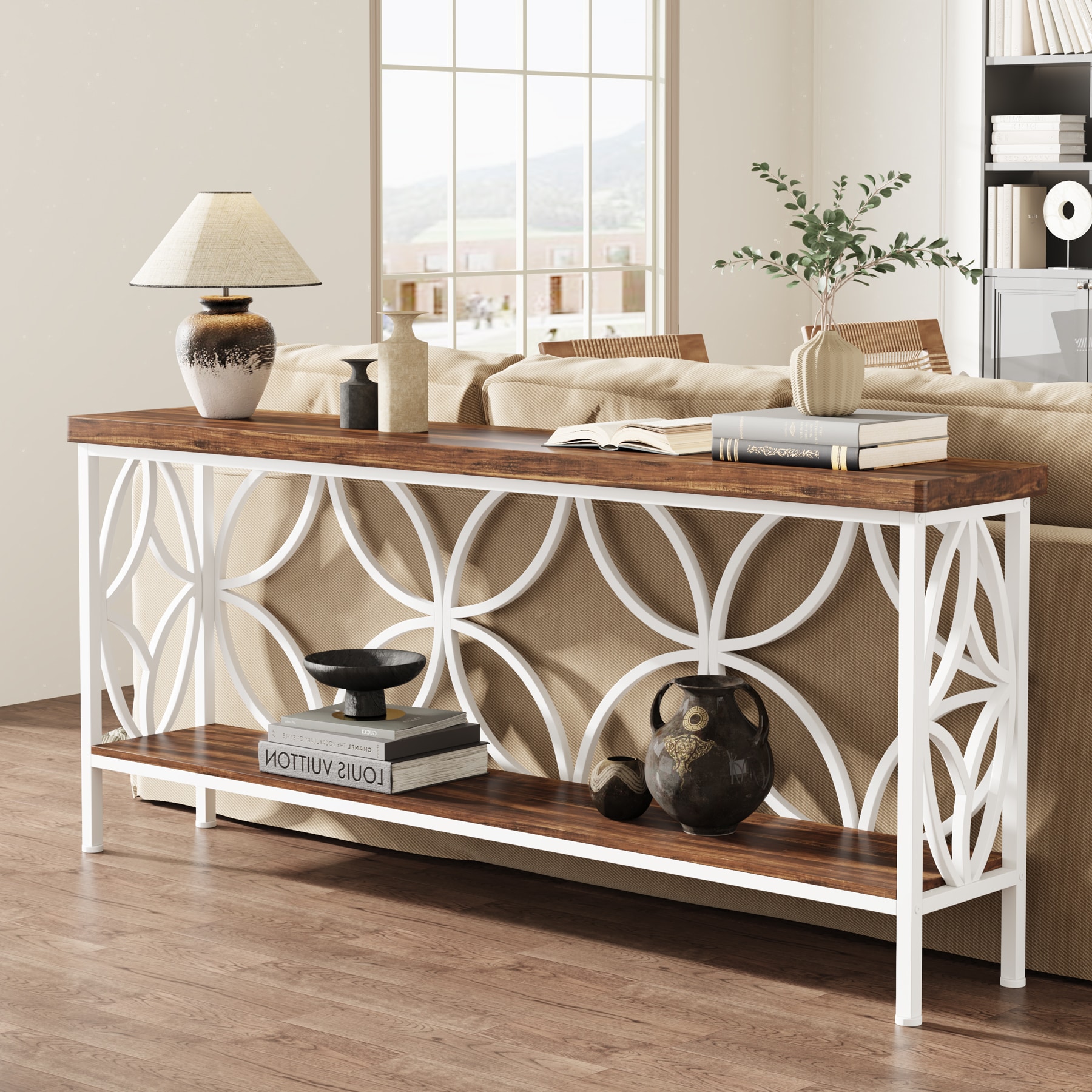 Tribesigns 70.9 inch W Industrial Walnut and White Long Console Table ...