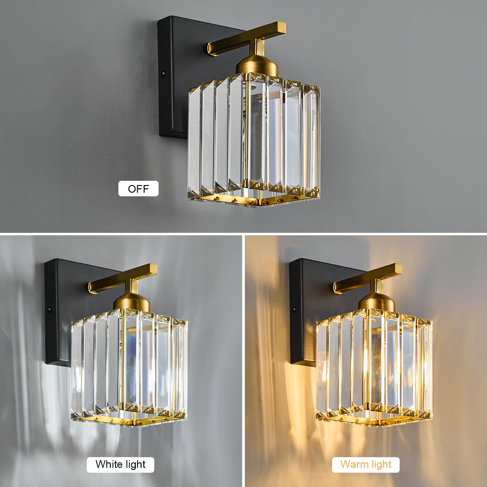 Vrbgify Set of Two Modern Wall Sconces Black Gold Crystal Bathroom ...