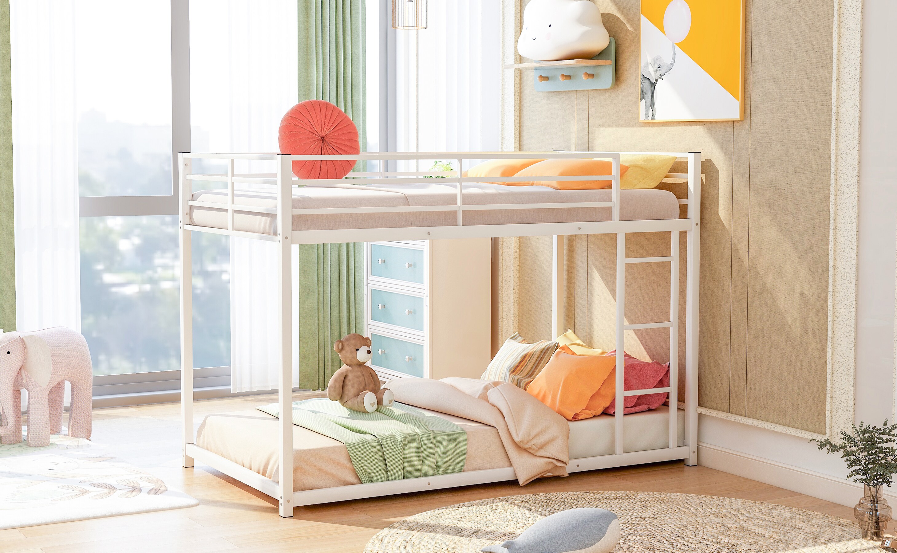 Huluwat White Twin over Twin Metal Low Bunk Bed with Ladder in the Bunk ...