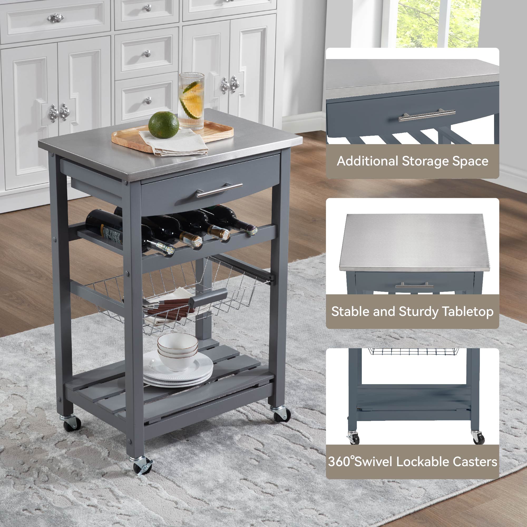 Tinyhomie Mobile Rolling Kitchen Island Trolley Serving Cart with ...