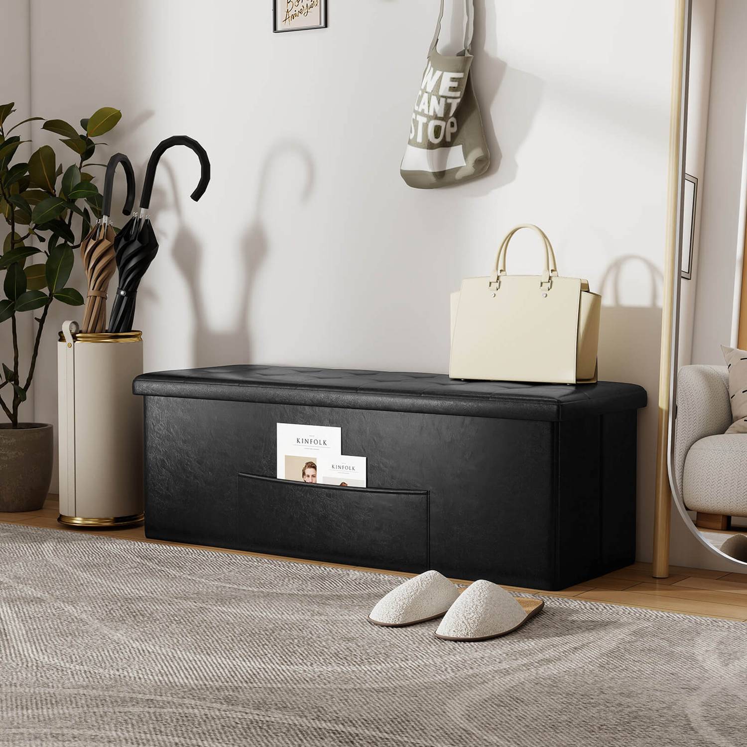 Costway 43 Inches Folding Storage Ottoman Bench with Side Pocket ...