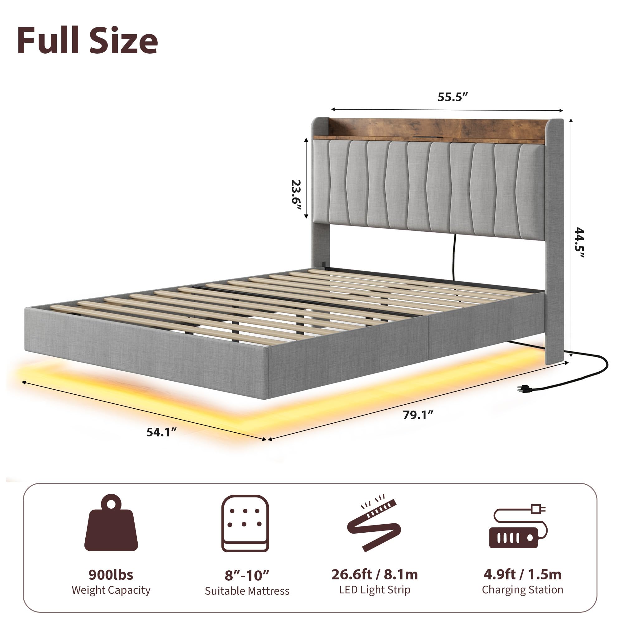 Garvee Full Size Floating Bed Frame with LED Lights and Charging ...