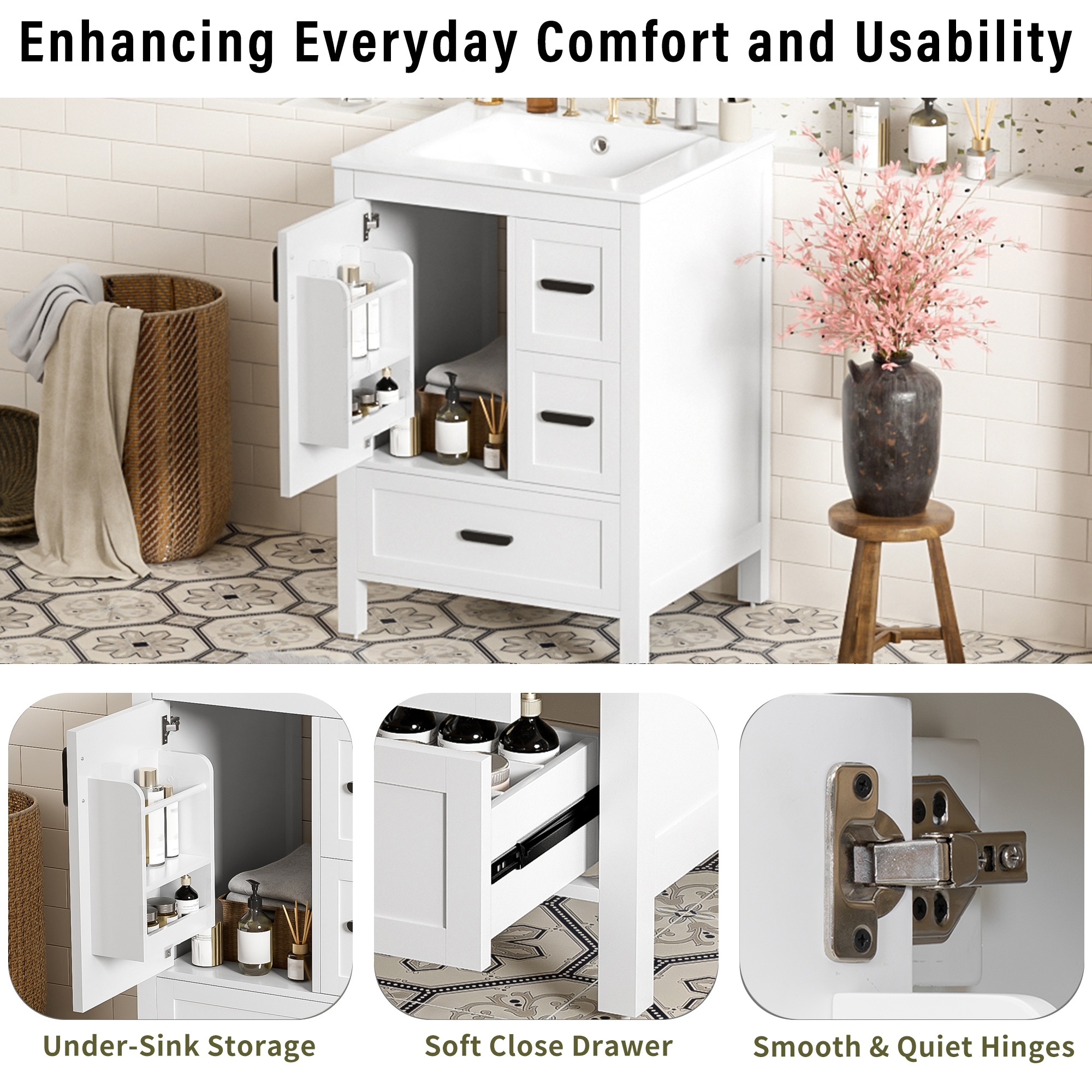 Homy Casa Pearl White 24 Inch Bathroom Vanity Cabinet with Sink Solid ...