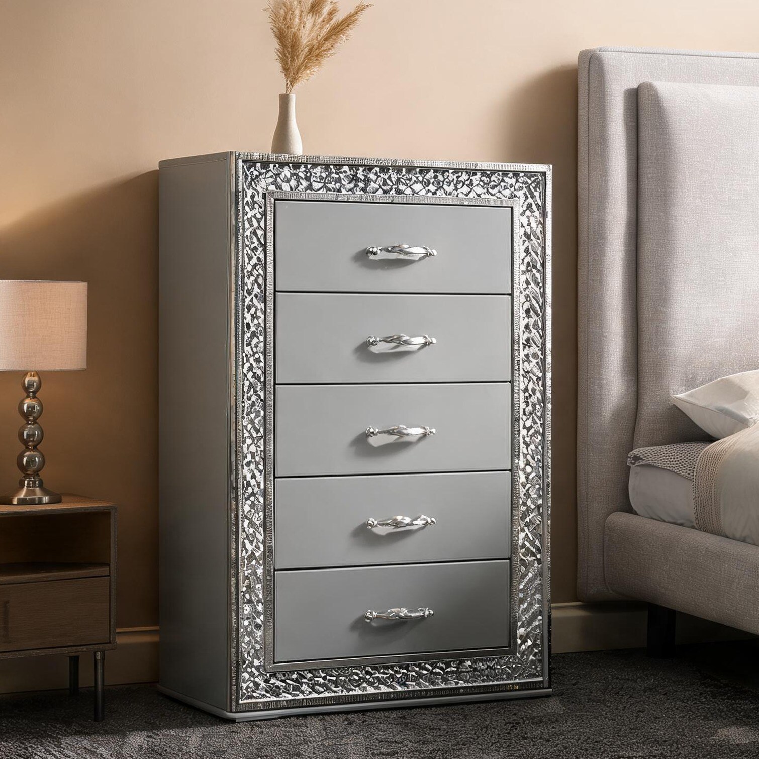 Watnature 5-Drawer Tall Chest in Cool Gray with Scaled Metal Trim and ...