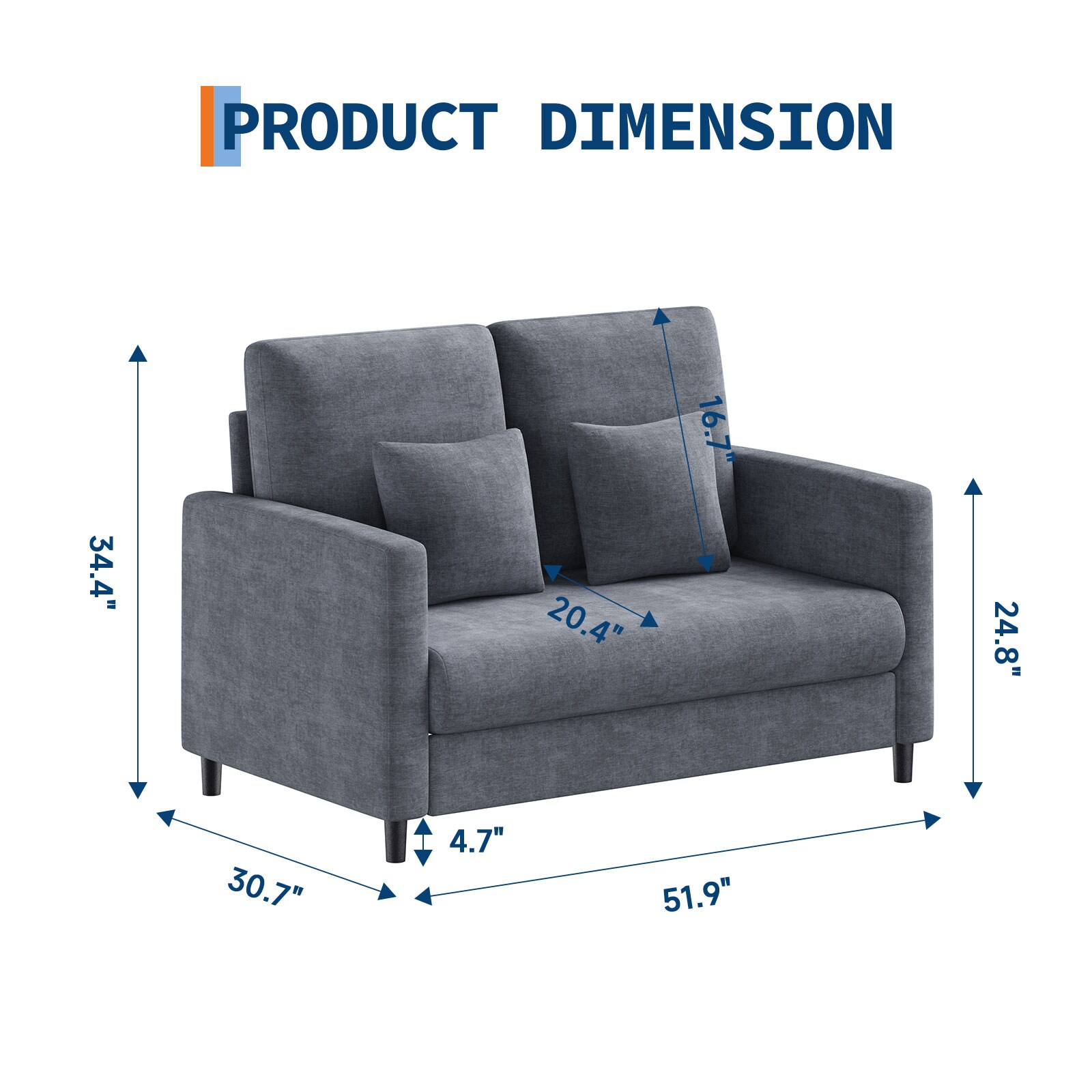 Assile Blue Gray 2 Person Sofa Small Legs Semi Compressed Couch Modern ...