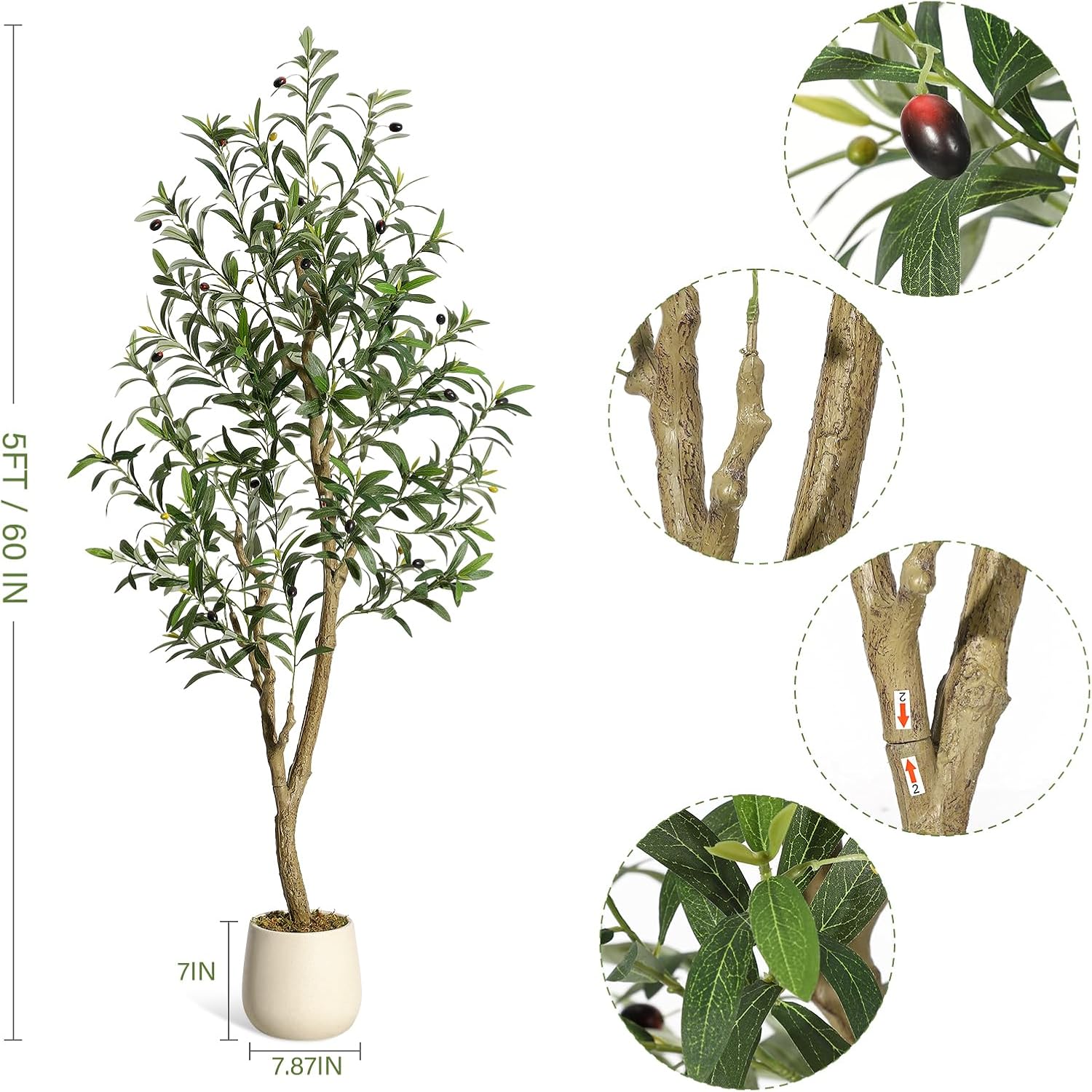 Garvee 5FT Tall Faux Olive Tree Artificial Indoor with White Planter ...