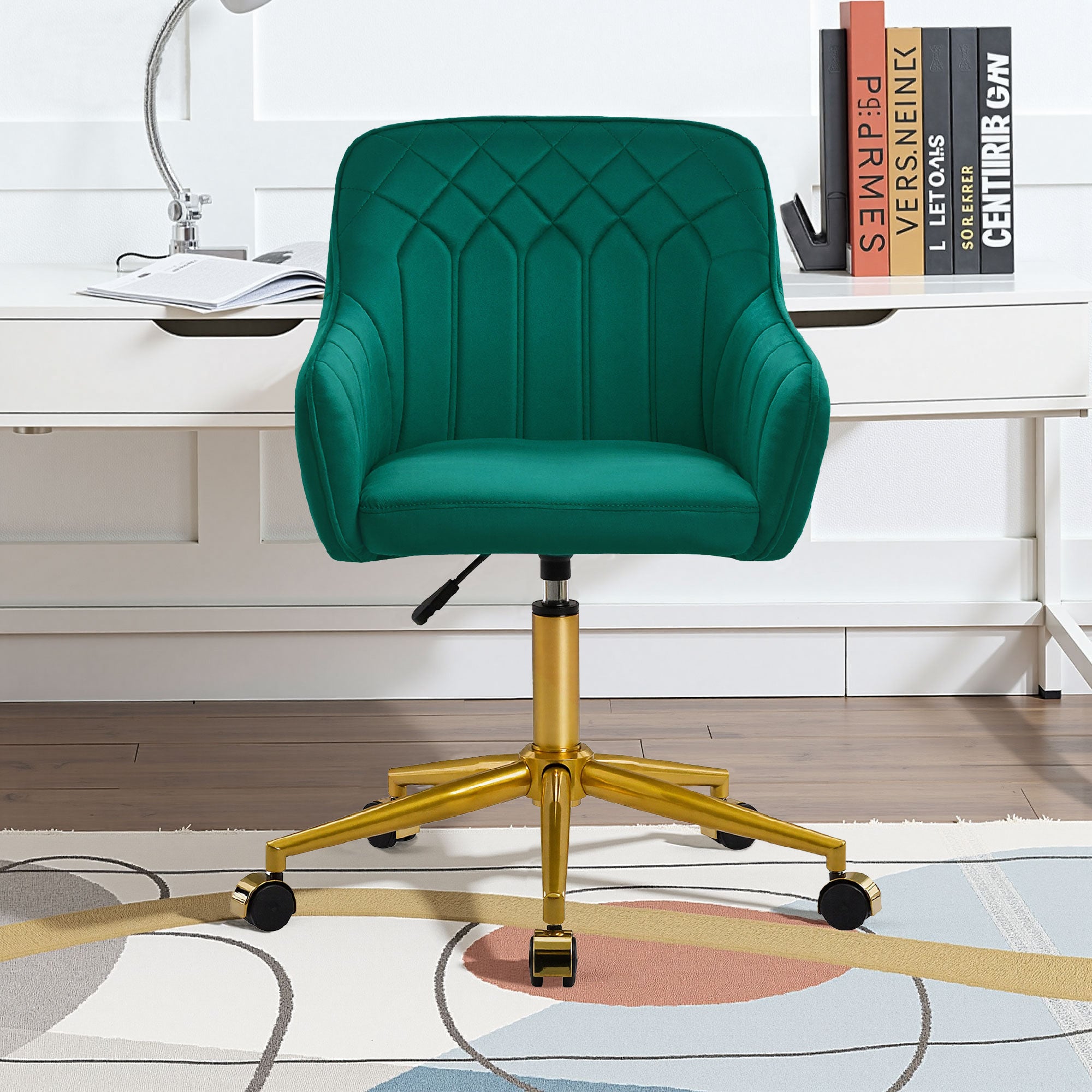 Vecelo Velvet Office Chair with Wheels Adjustable Swivel Vanity Chair ...