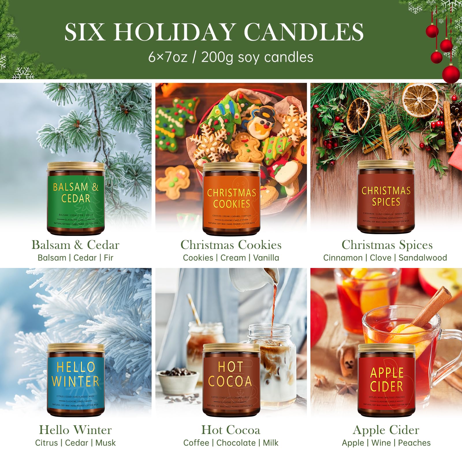 Afoxsos 6 Pack 7oz Soy Scented Candle Gift Set Balsam Cedar Christmas ...