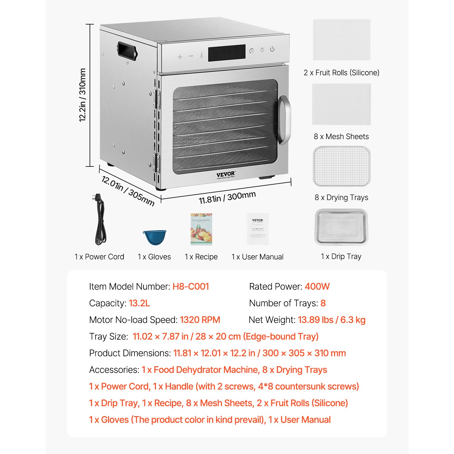 VEVOR 8 -Tray Stainless steel Food dehydrator with Dishwasher Safe ...