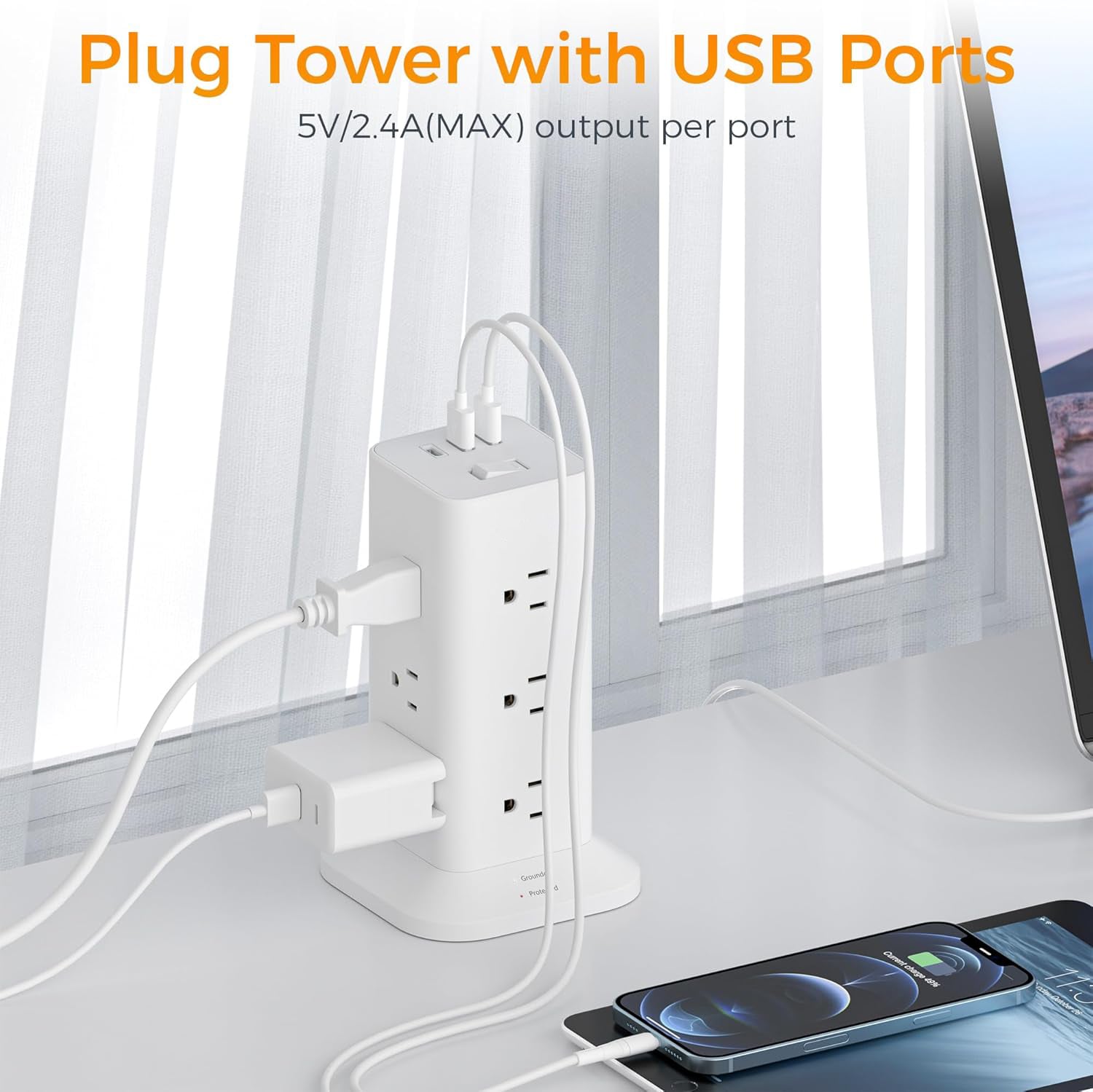 MaseiKar Power Strip Tower with Surge Protection - Flat Plug Extension ...