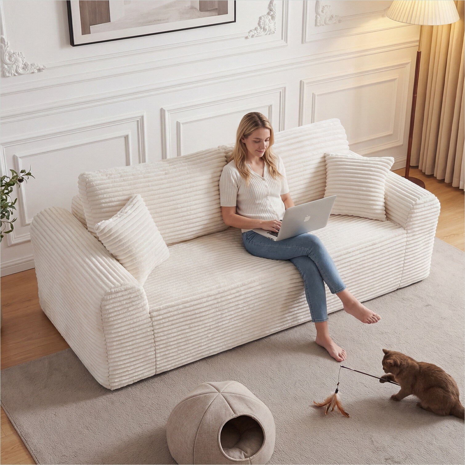 Naturefalls Corduroy 3-Seater Sofa for Living Room Cloud Style Clean ...