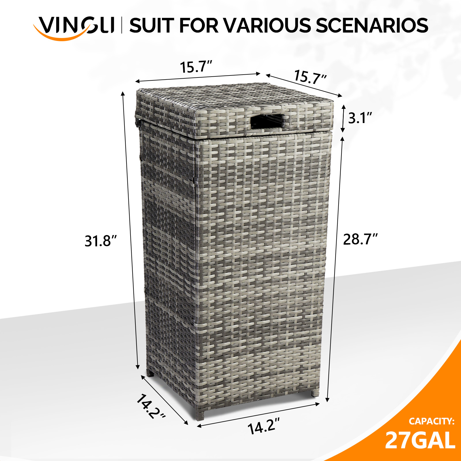 VINGLI 27 Gallon Trash Can Dustbin with Convenient Lid for Patio Gray ...