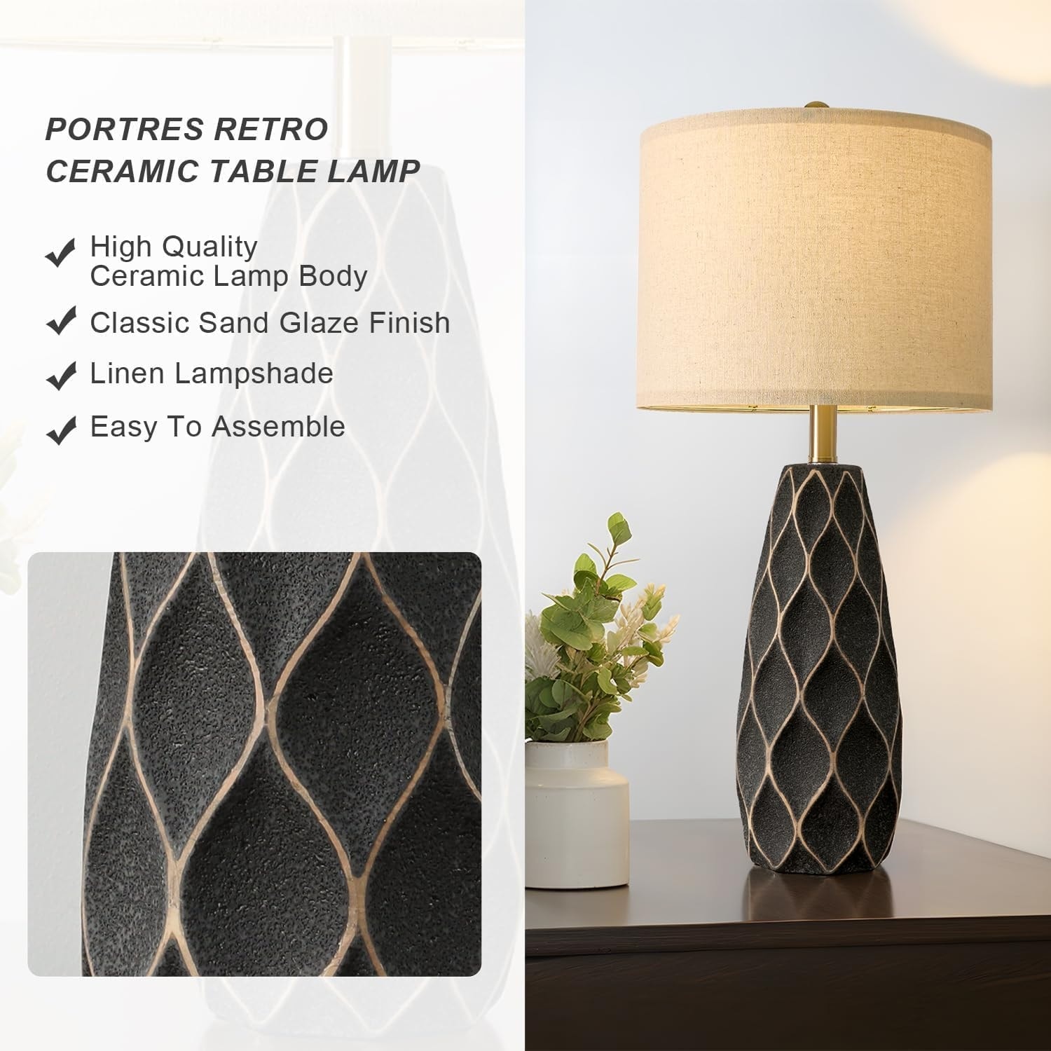 Vrbgify 27.5 inch Ceramic Table Lamp Set of 2 Vintage Black Farmhouse ...