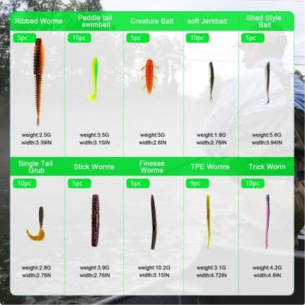 Adrinfly Fishing Lure Kit with Tackle Box 70 pcs Soft Baits Hooks ...