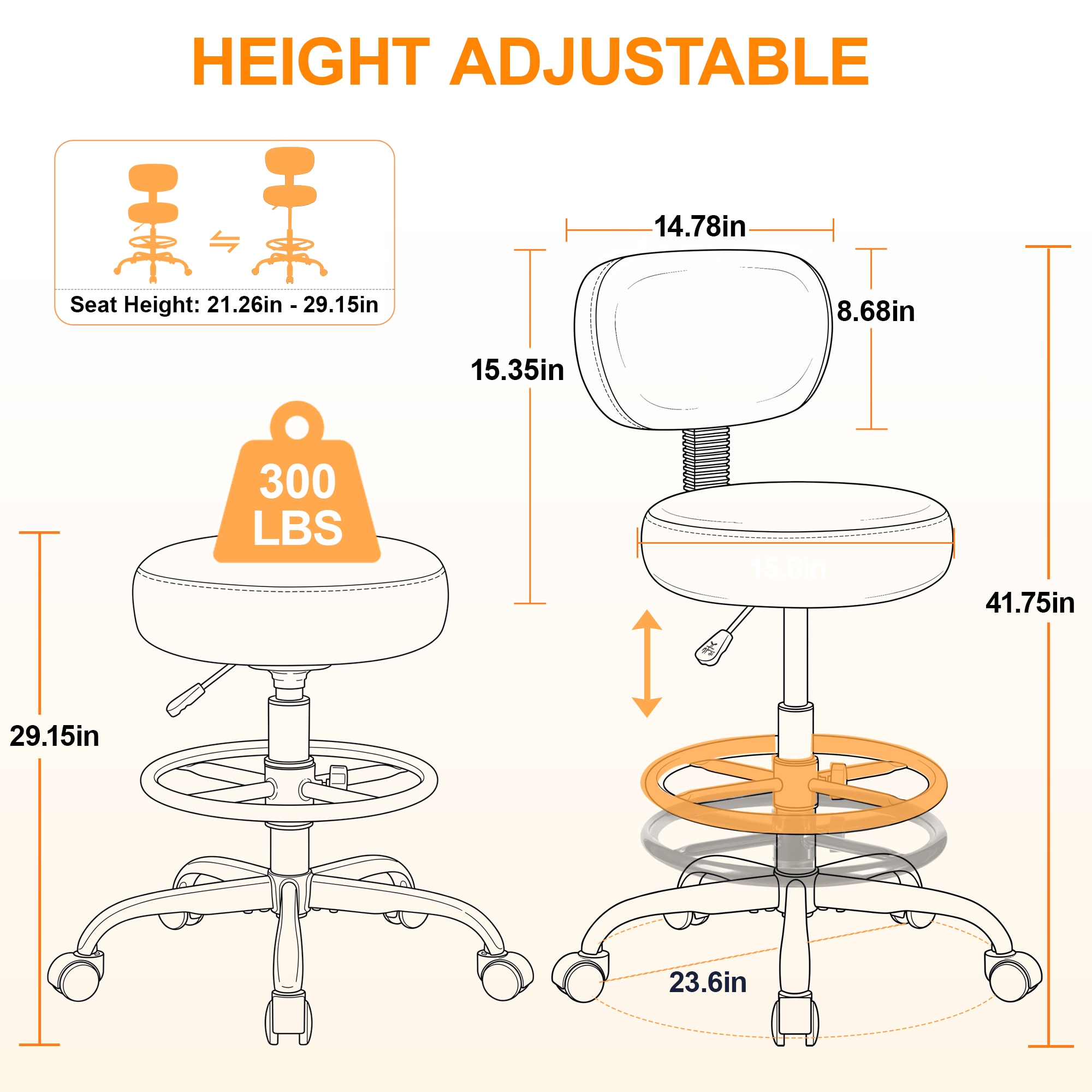 KERDOM Height Adjustable Drafting Stool PU Leather Swivel Chair with ...